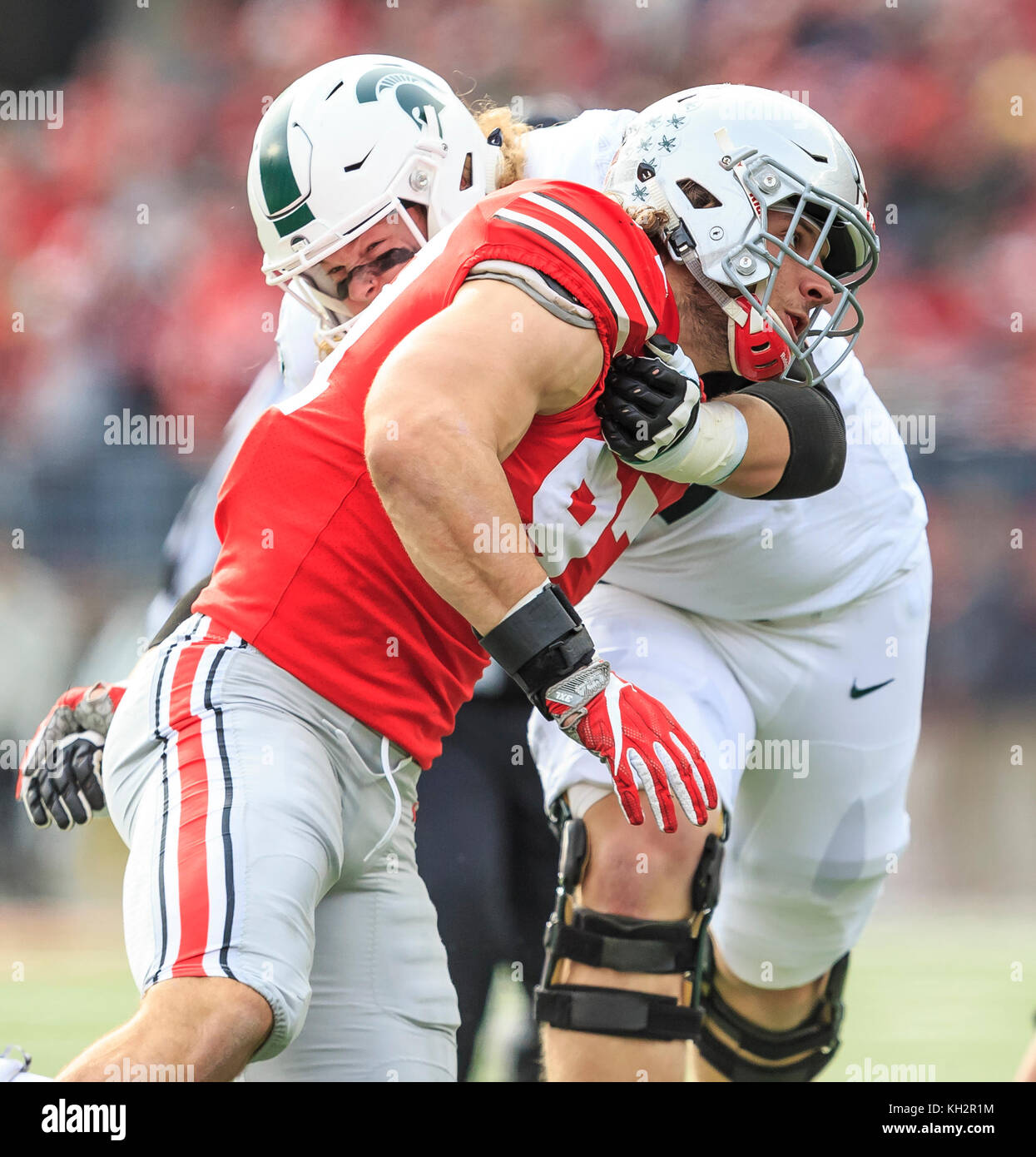 Columbus, Ohio, USA. 11th Nov, 2017. Ohio State Buckeyes defensive lineman Nick Bosa (97) pass ...