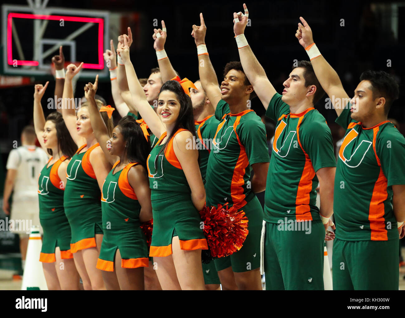 November 10, 2017: Miami Hurricanes cheerleaders during the Alma Matter ...