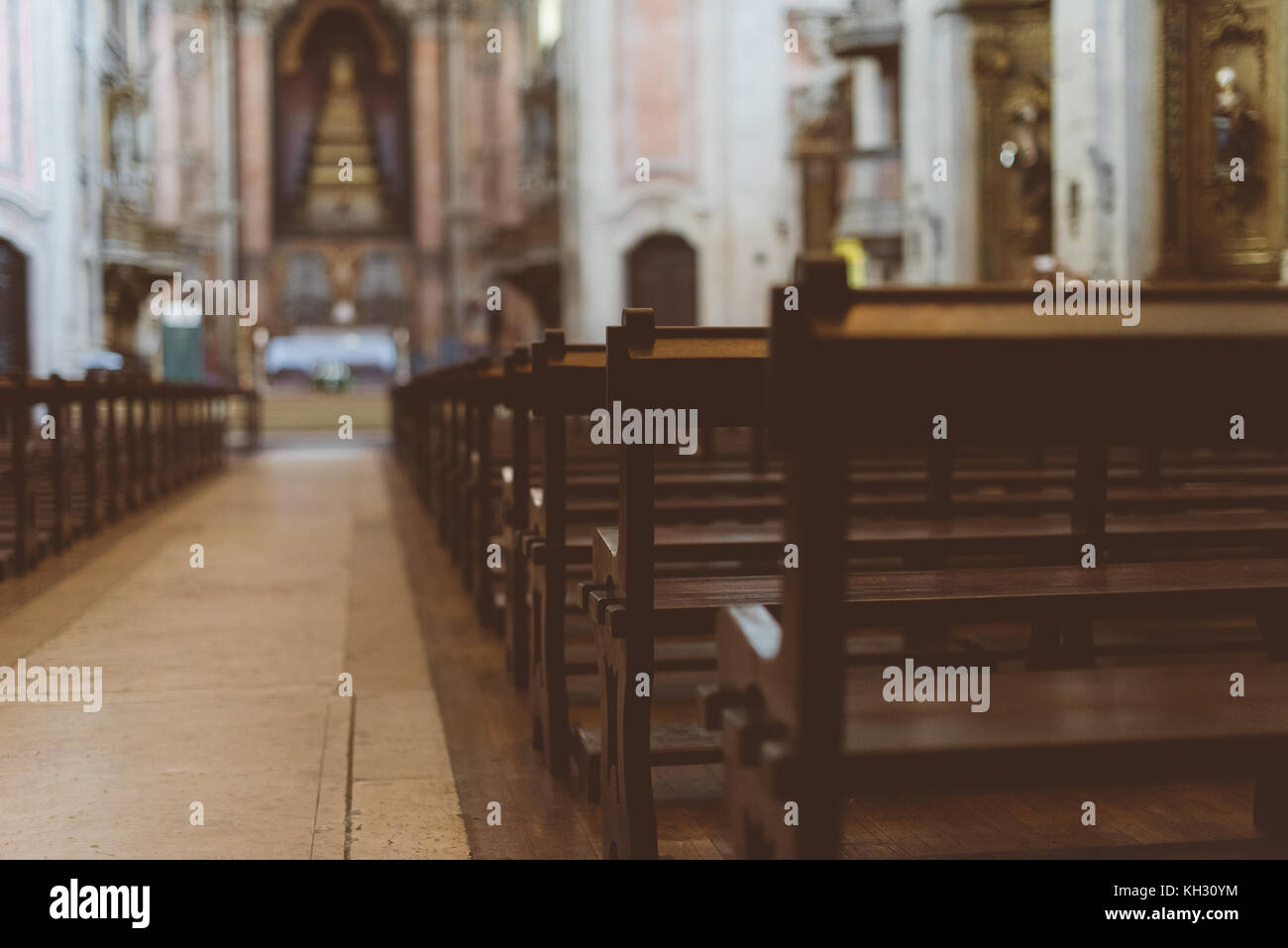 The interior of the church with benches Stock Photo - Alamy