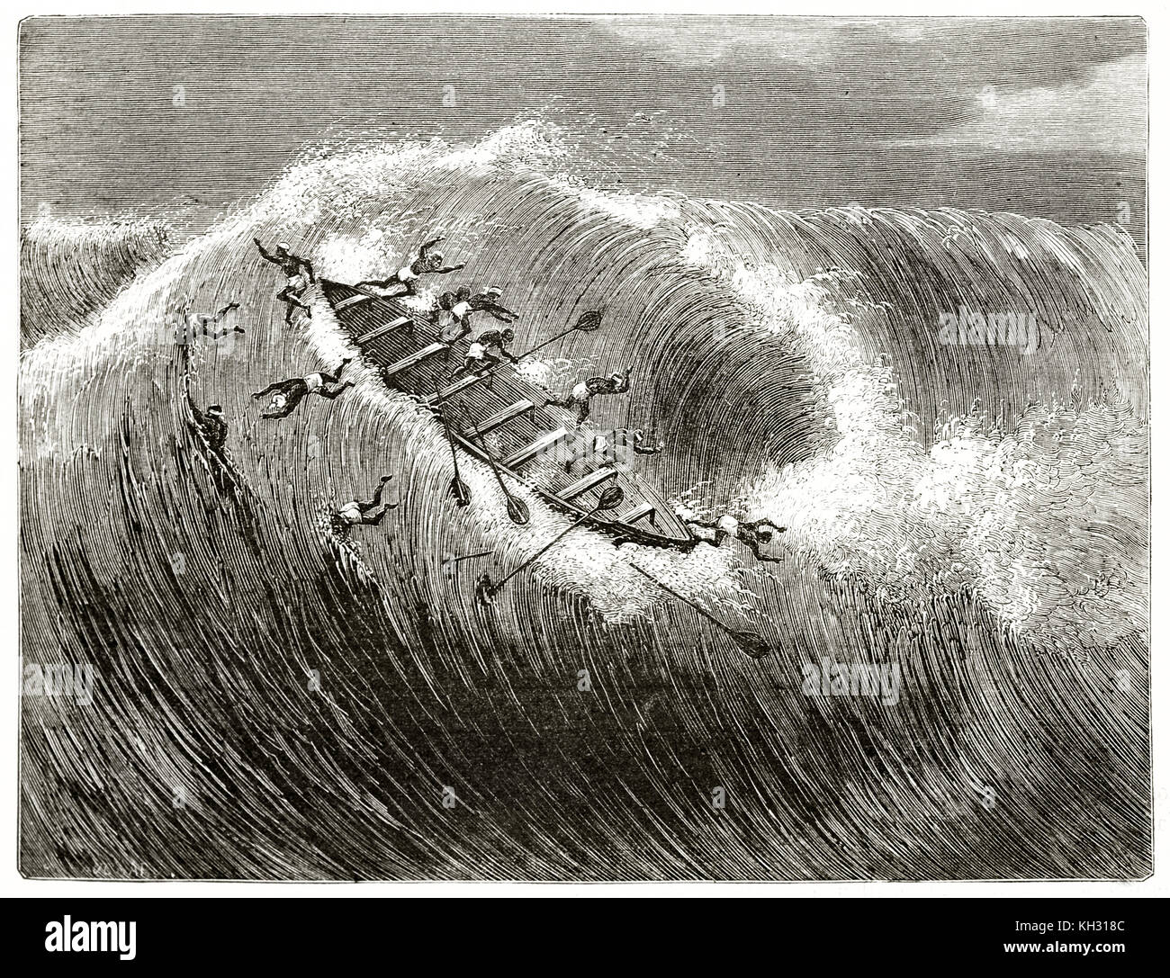 Old illustration depicting a big wave in front of Benin coast, Africa ...