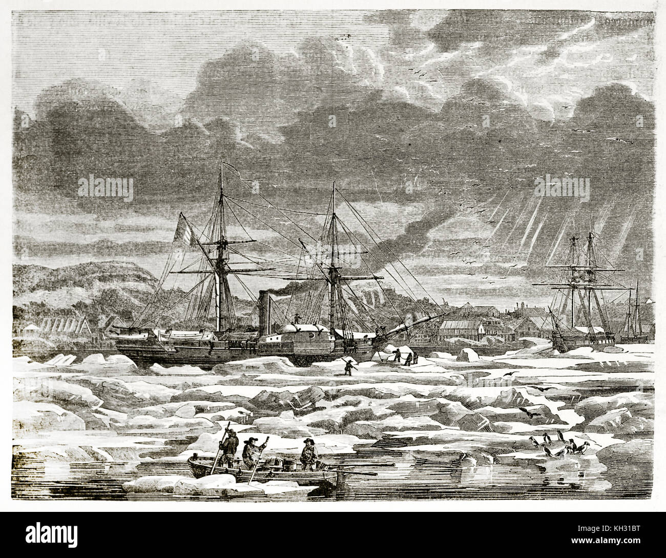 Old illustration of vessel stuck in the ice in Kirpon bay, Newfoundland ...