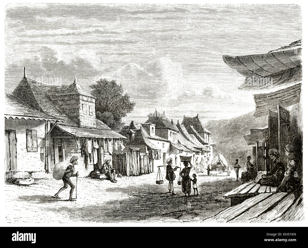 Old view of a street in camp Malabar, Port Louis, Mauritius. By ...