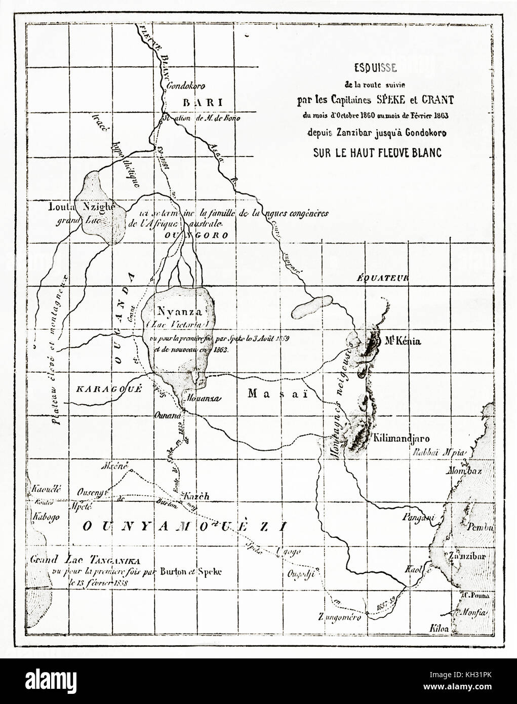 Old itinerary map of explorers Speke and Grant from Zanzibar to ...