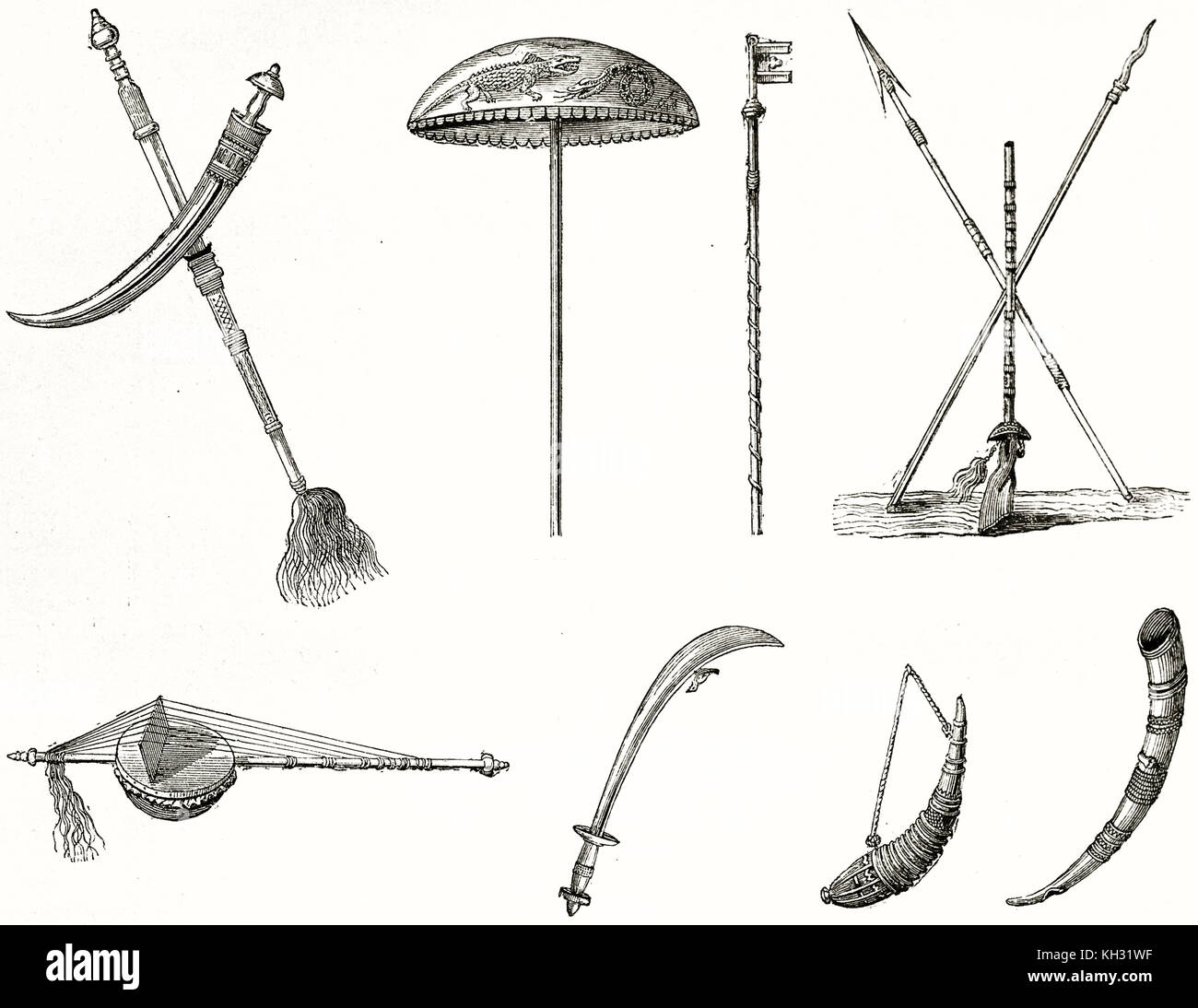 Old illustration of weapons and utensils from Dahomey (nowadays Benin ...
