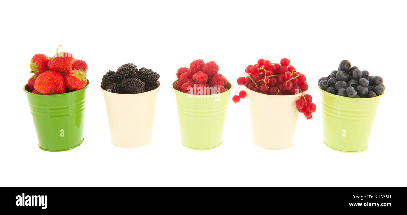Little buckets with assortment soft fruit isolated over white ...