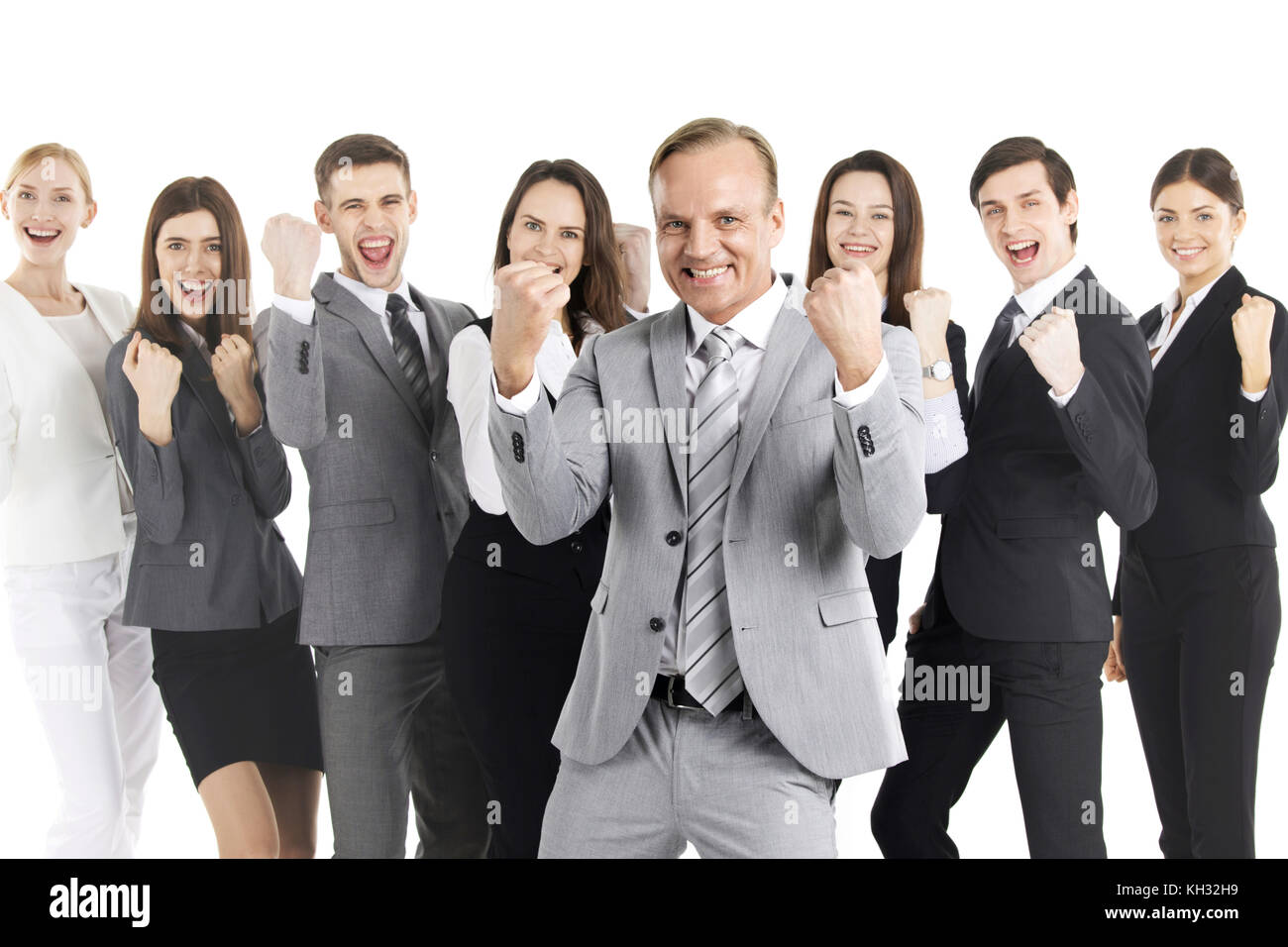 Successful excited business people group team standing together and ...