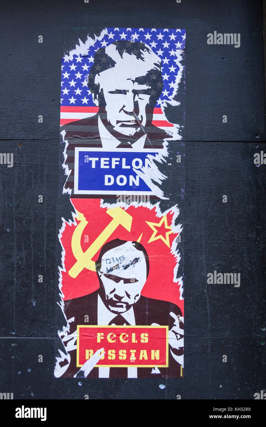 Closeup of Donald Trump and Vladimir Putin street art on Denmark Street ...