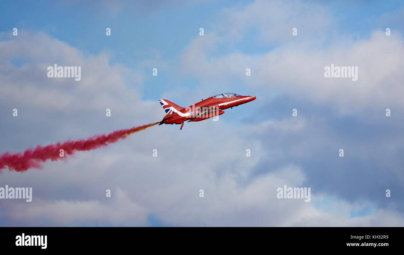 Single Red Arrow Hawk T1A jet from the Royal Air Force Aerobatic Team ...