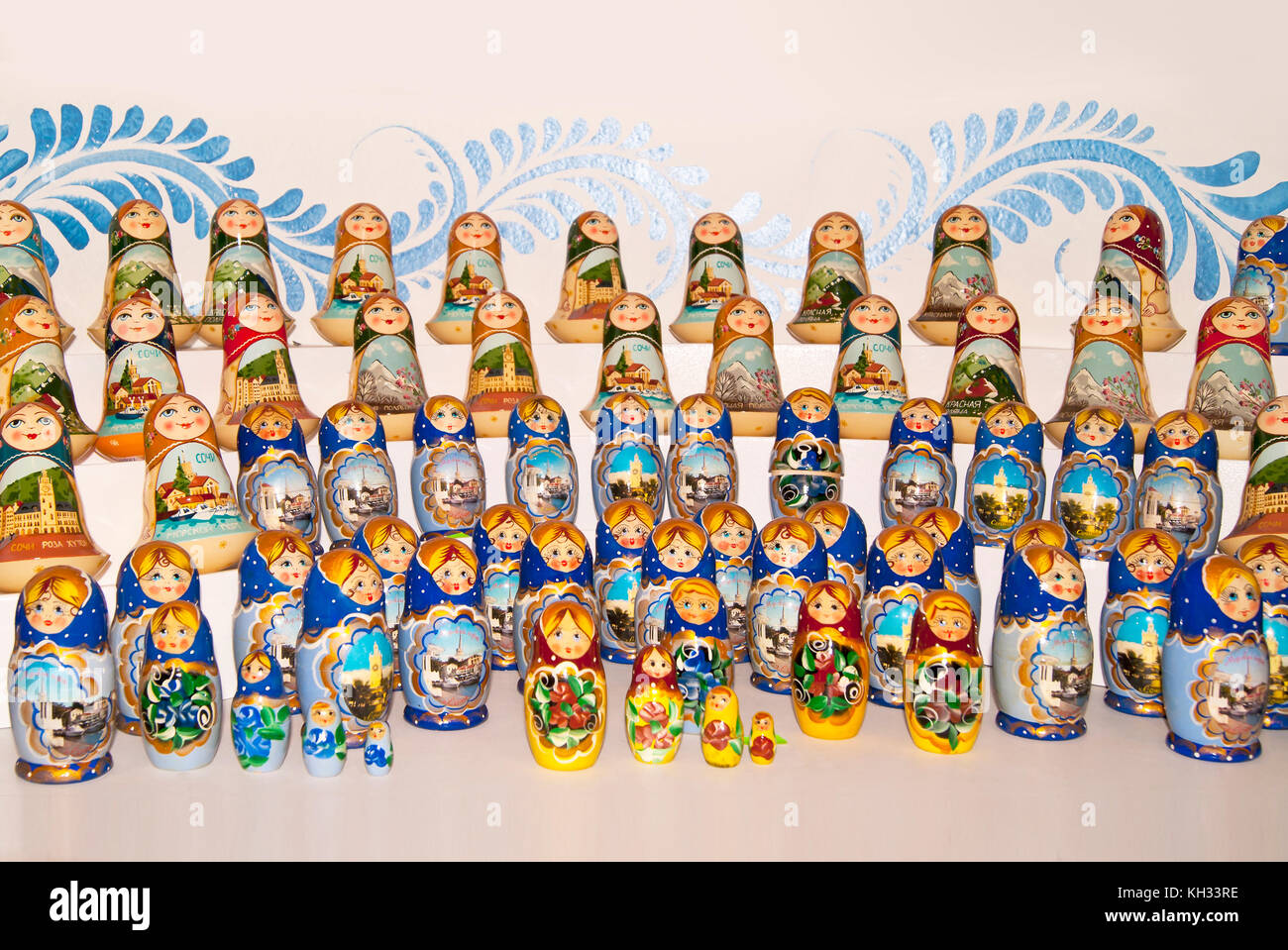 Several sets of traditional Russian wooden hand-painted dolls ...