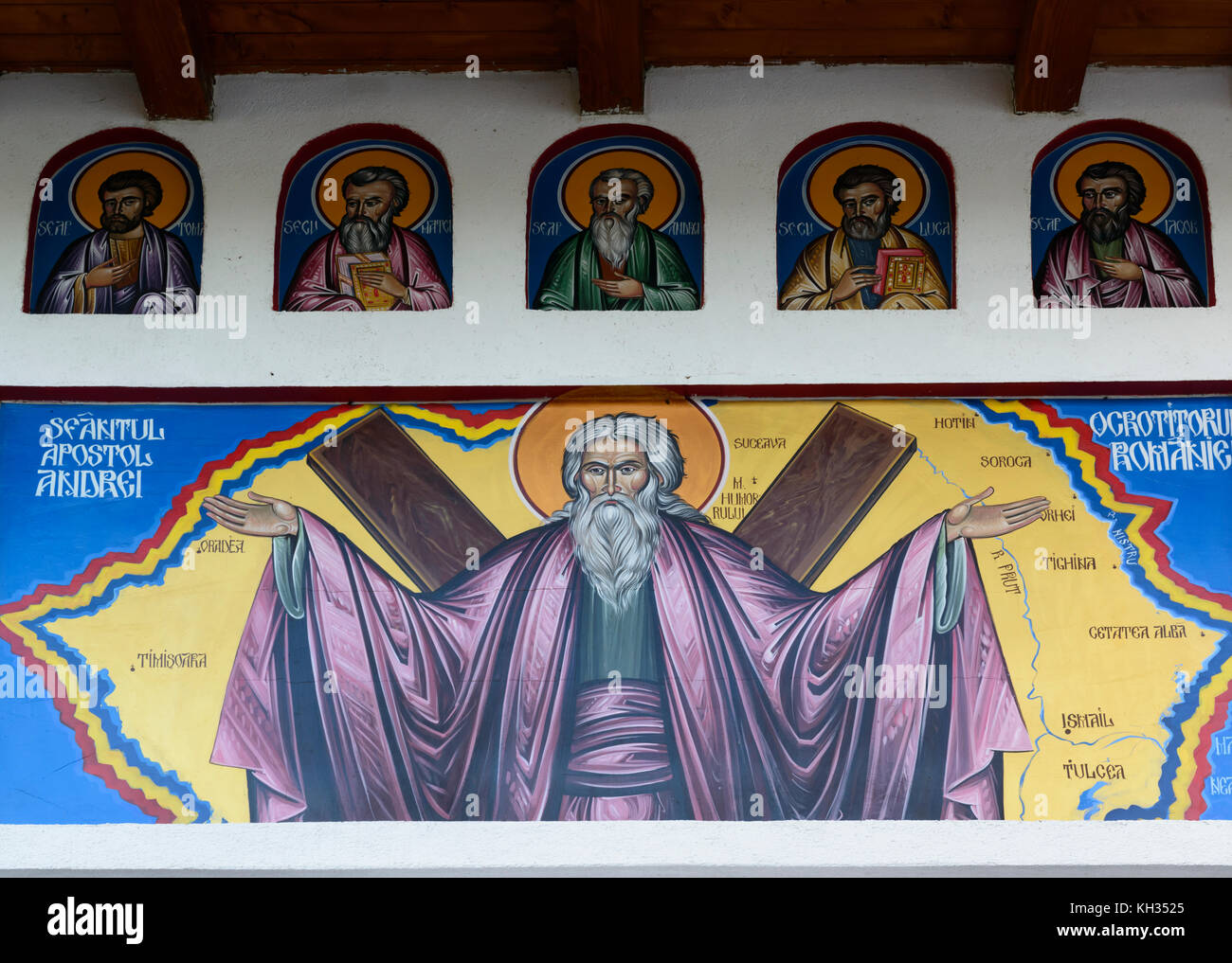 Humor Monastery. New murals on wall of new church, Romania Stock Photo ...