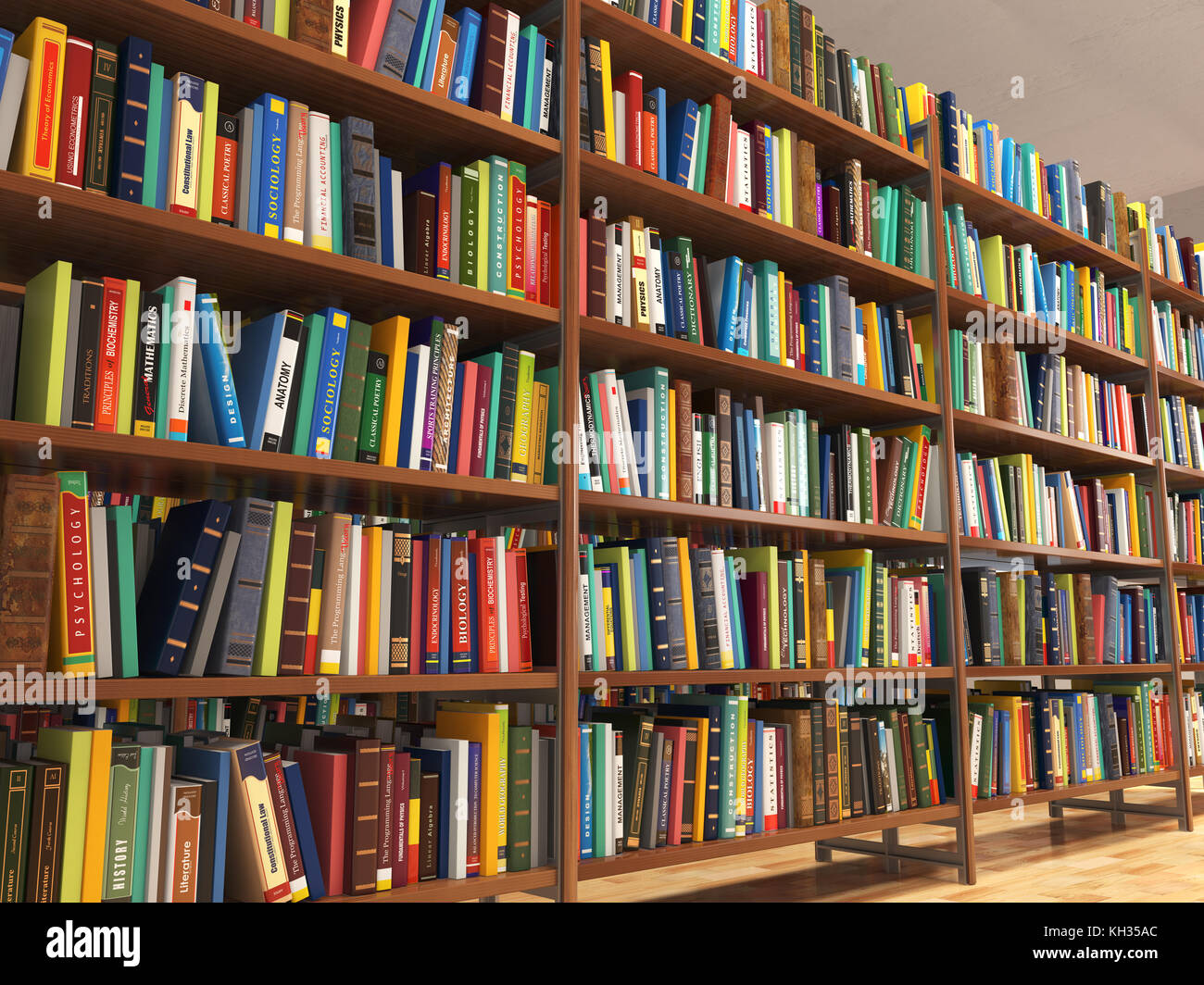Library stacks of books and bookshelf. 3d illustration Stock Photo - Alamy