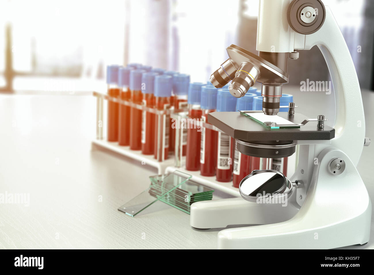 Microscope medical test tubes with blood samples in laboratory, 3d ...