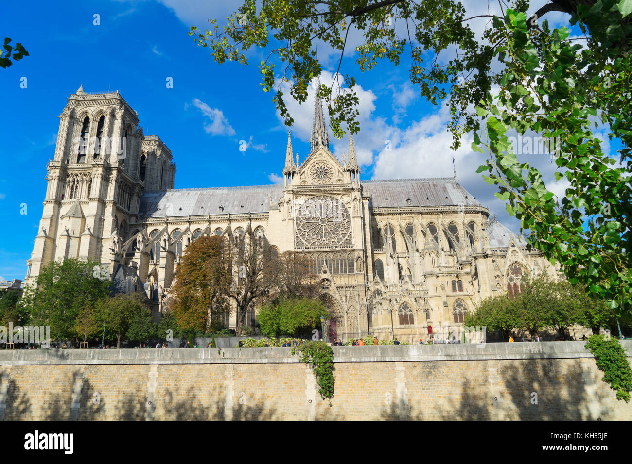 Notre Dame cathedral, side view with tree leaves, Paris France Stock ...