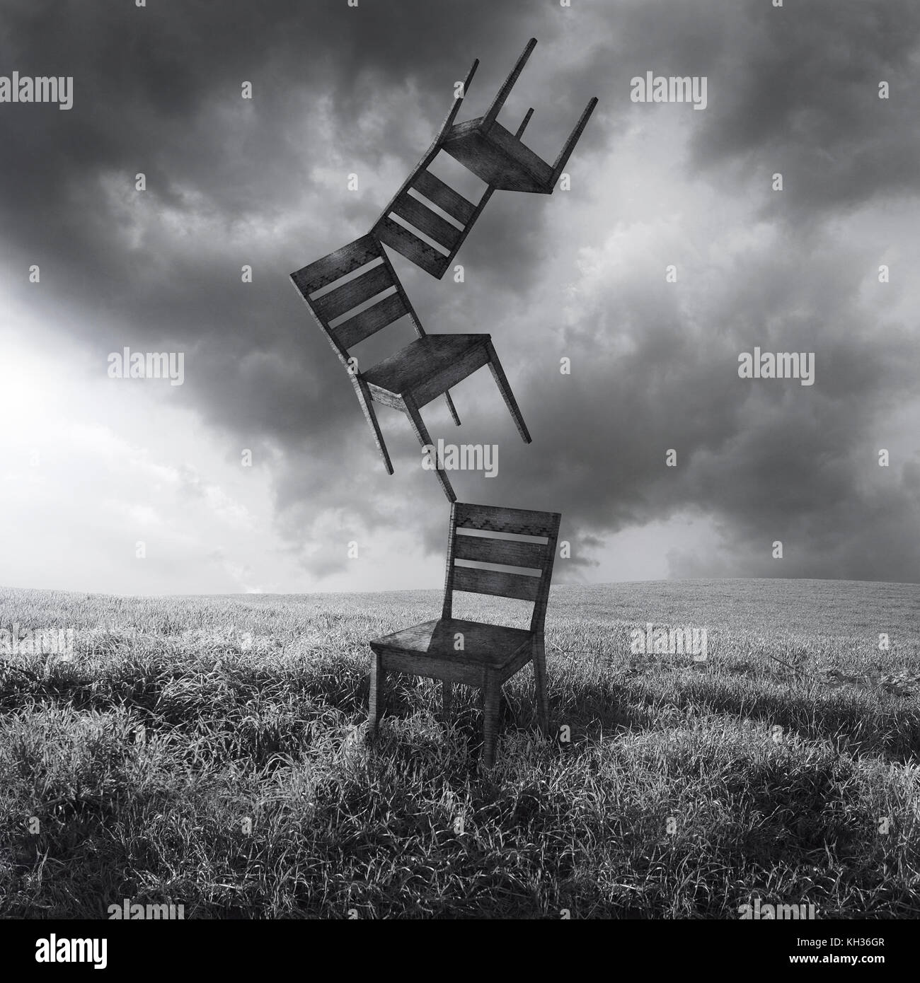 A surreal conceptual image representing three flying moving chairs ...