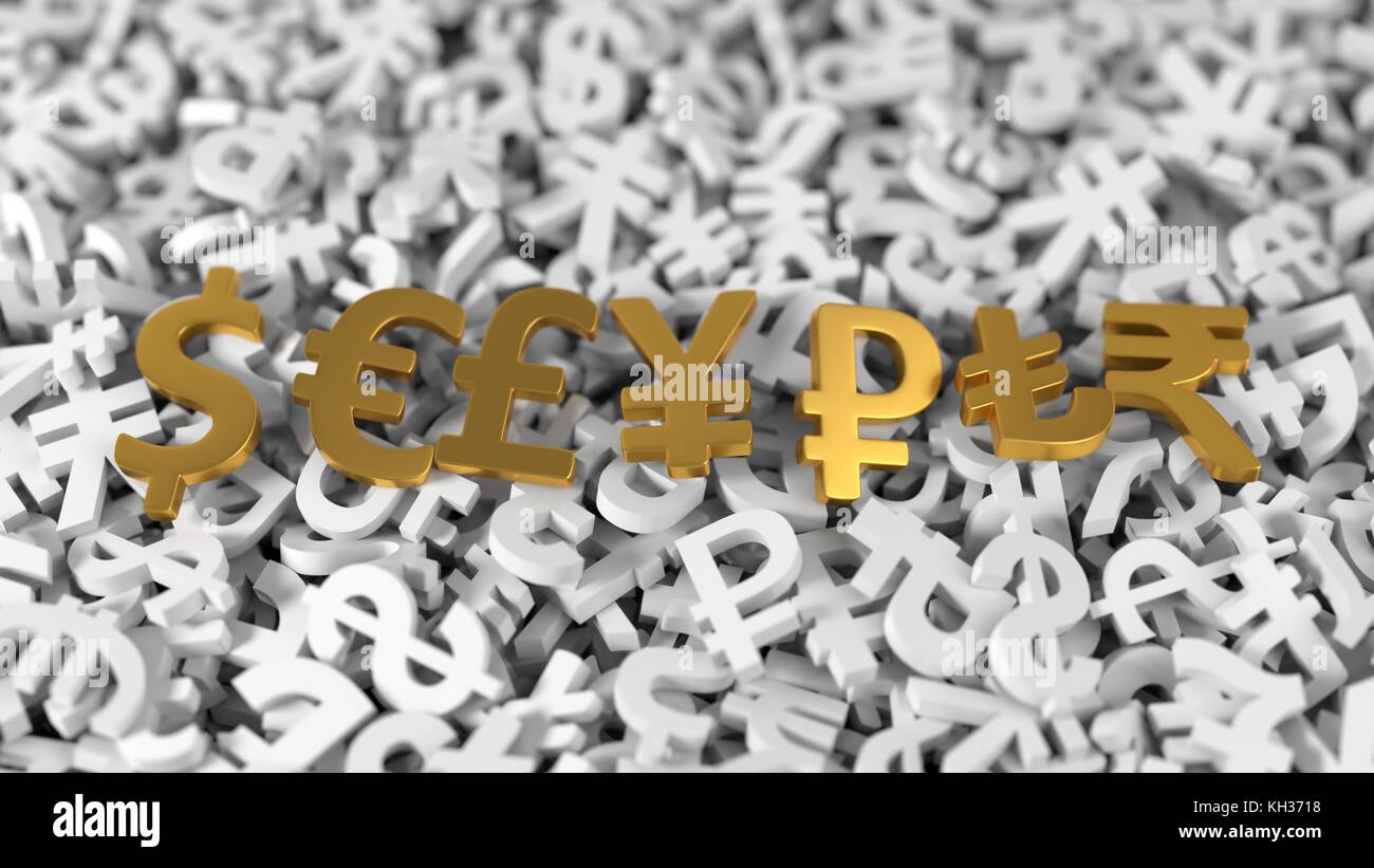 golden currency signs on stack of white currency signs. conceptual ...