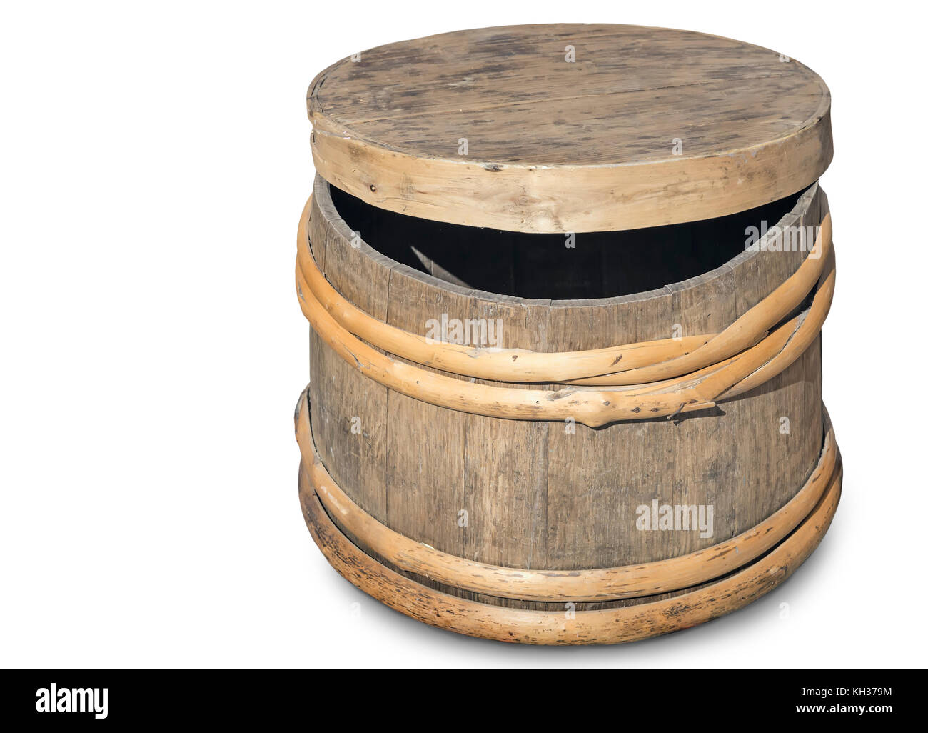 Old oak barrels with wooden hoops. Presented on a white background ...