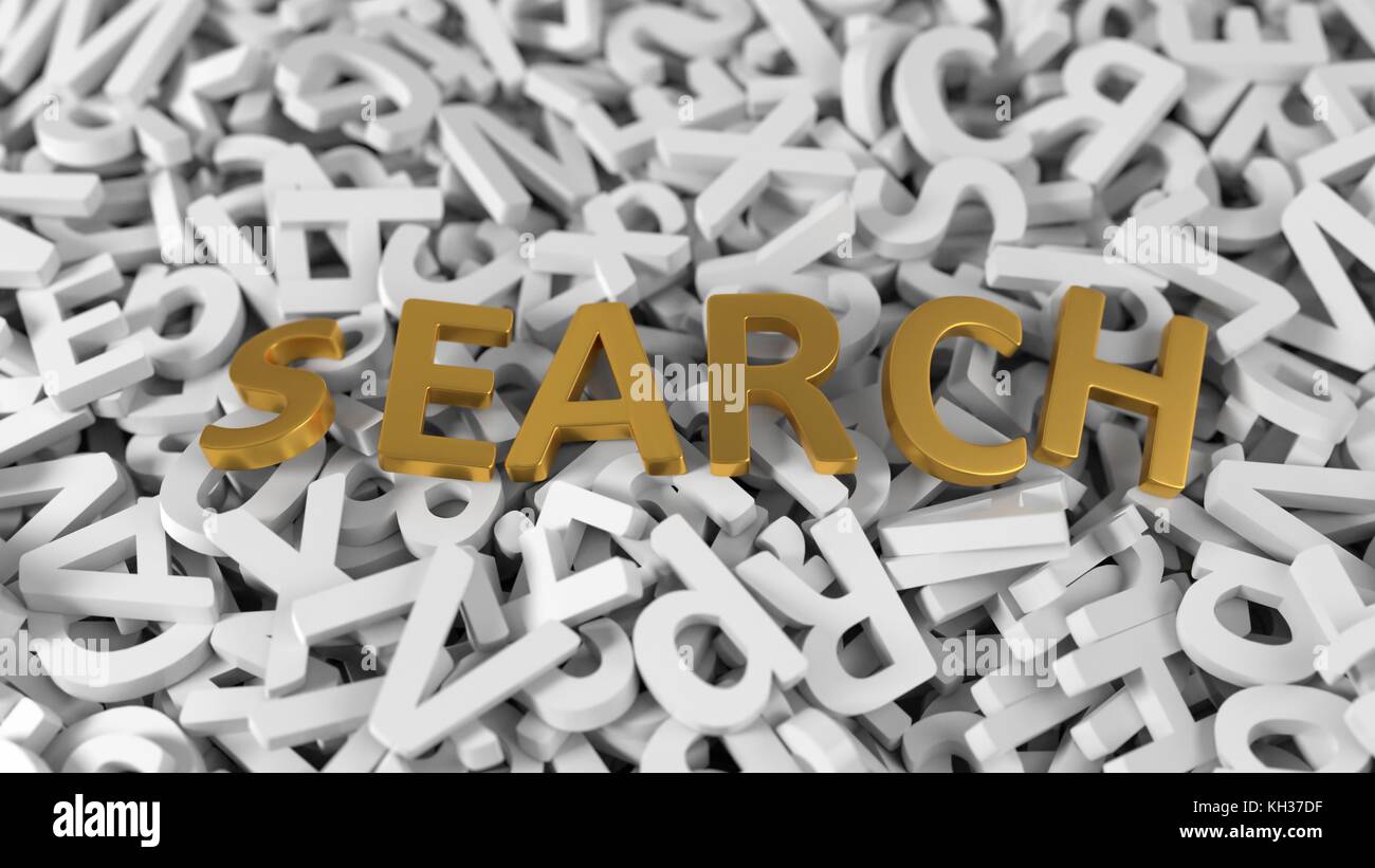 golden 'search' text on stack of white letters. conceptual illustration ...