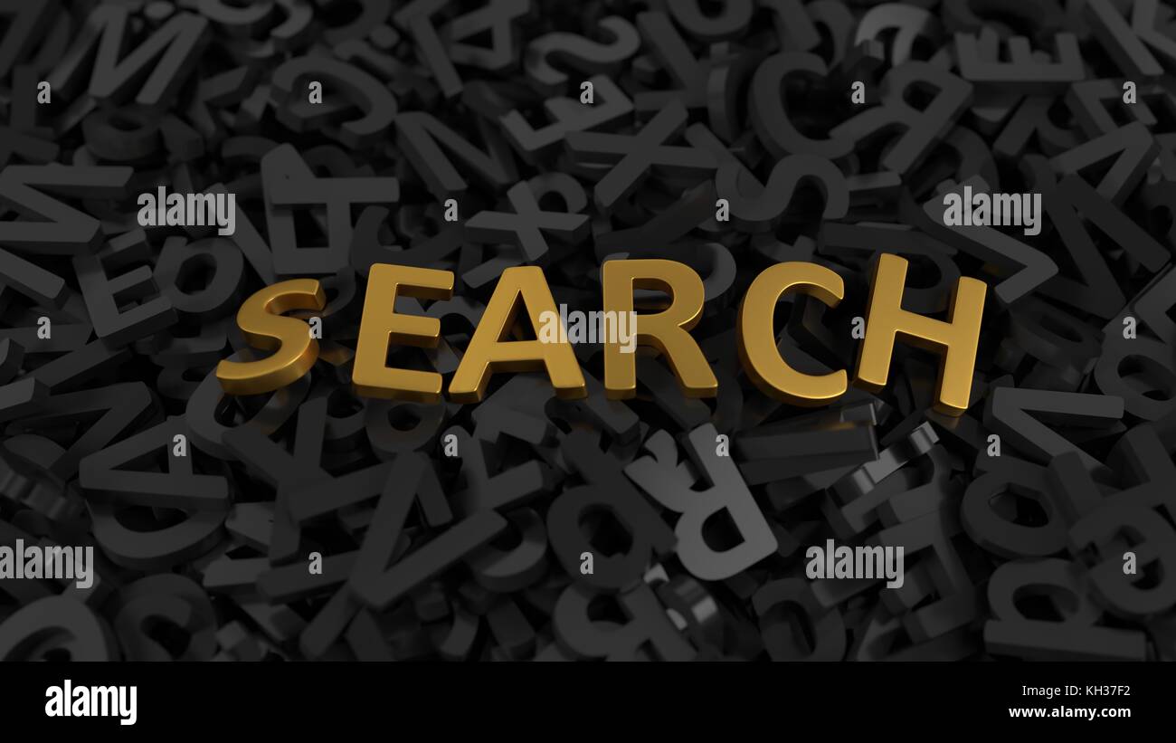 golden 'search' text on stack of letters. conceptual illustration ...