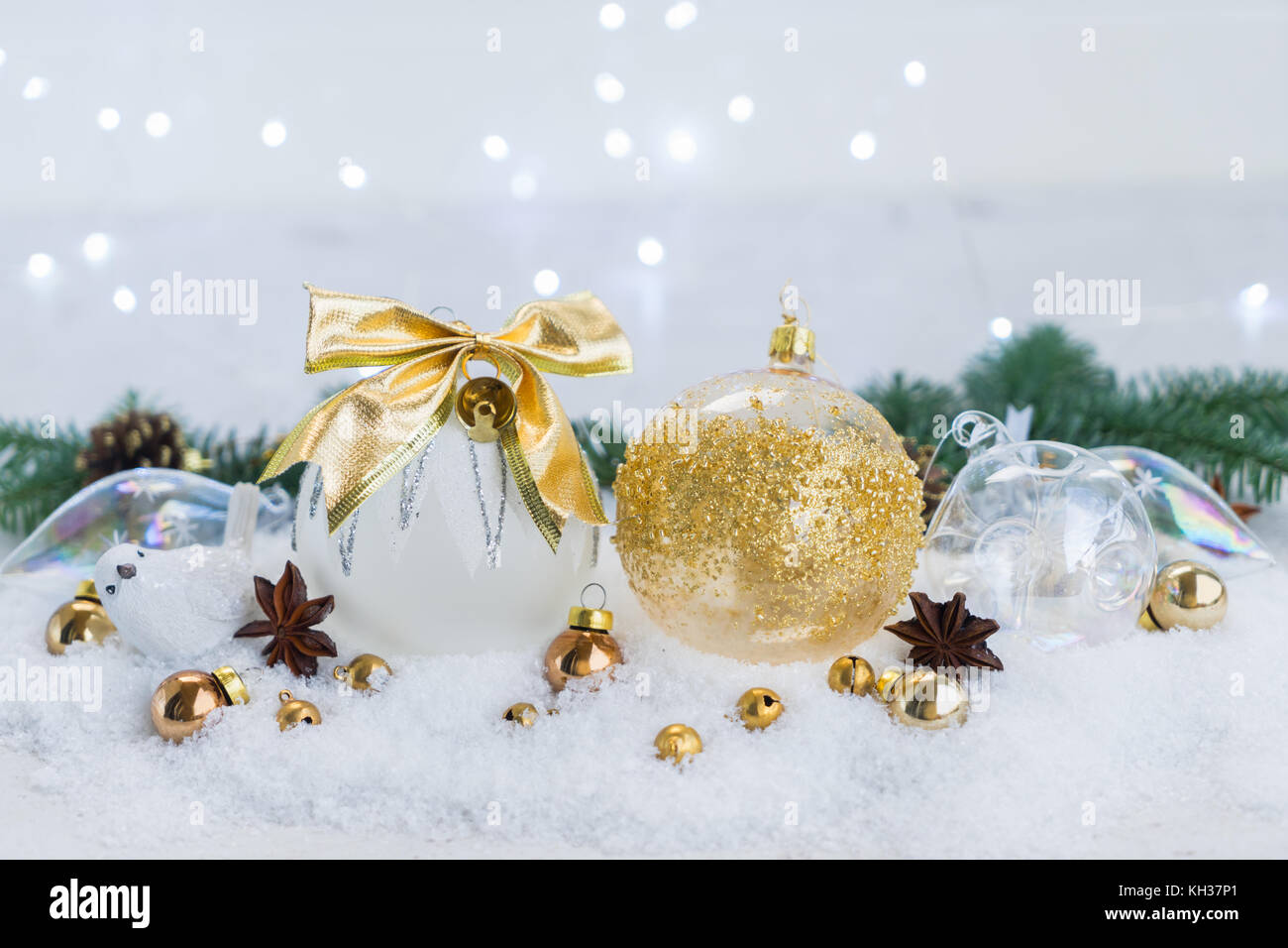 White christmas with snow styled scene - white and golden decorations ...