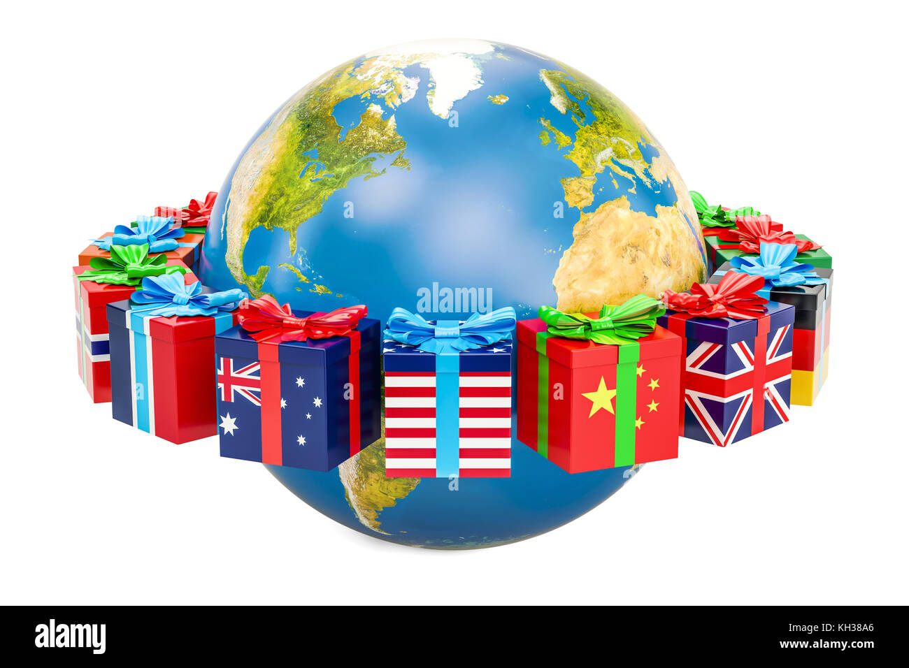 Global Christmas and New Year concept, Earth globe with gift boxes ...