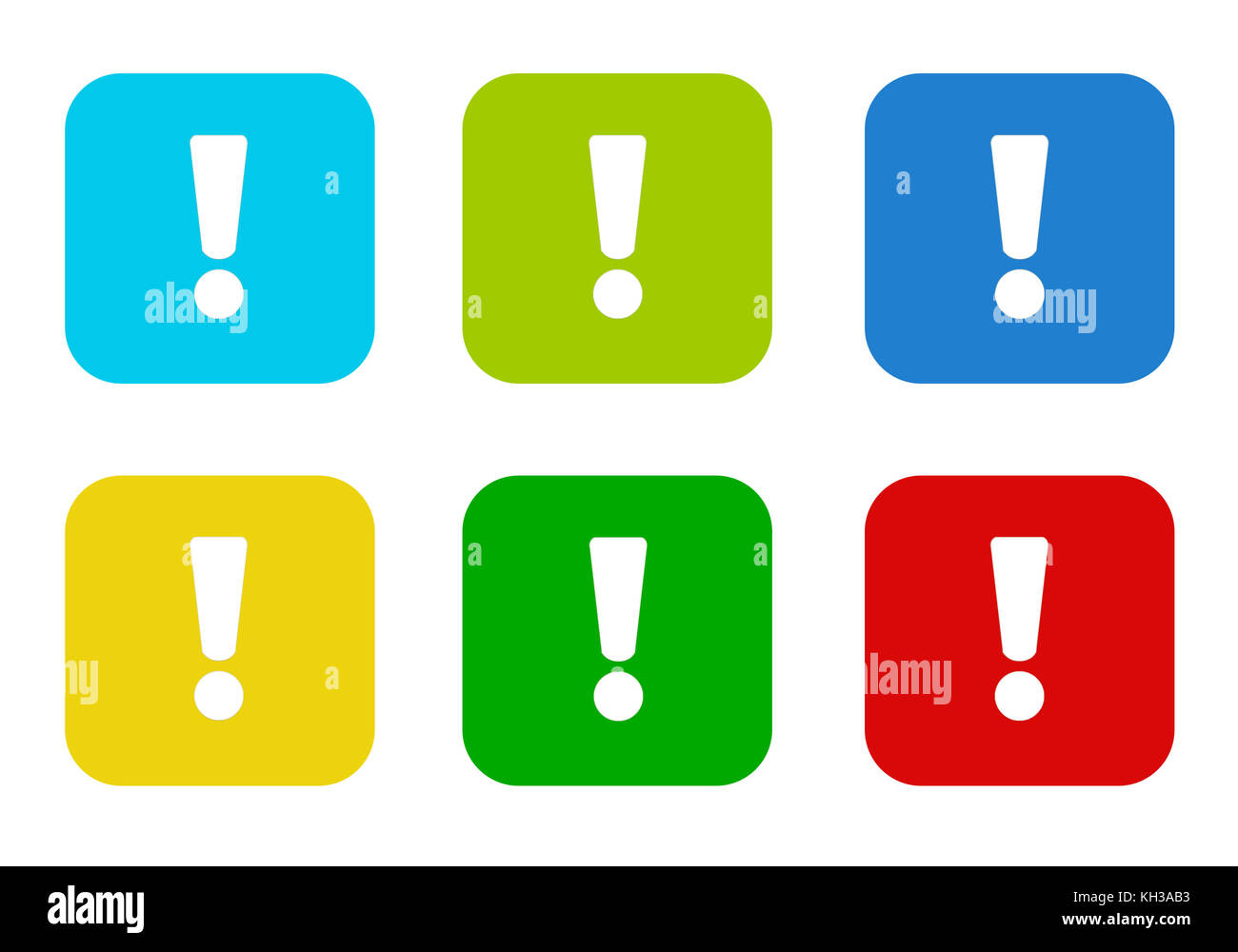 Set of rounded square colorful flat icons with exclamation mark symbol ...
