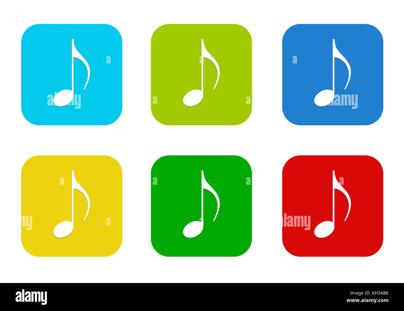 Set of rounded square colorful flat icons with music symbol in blue ...