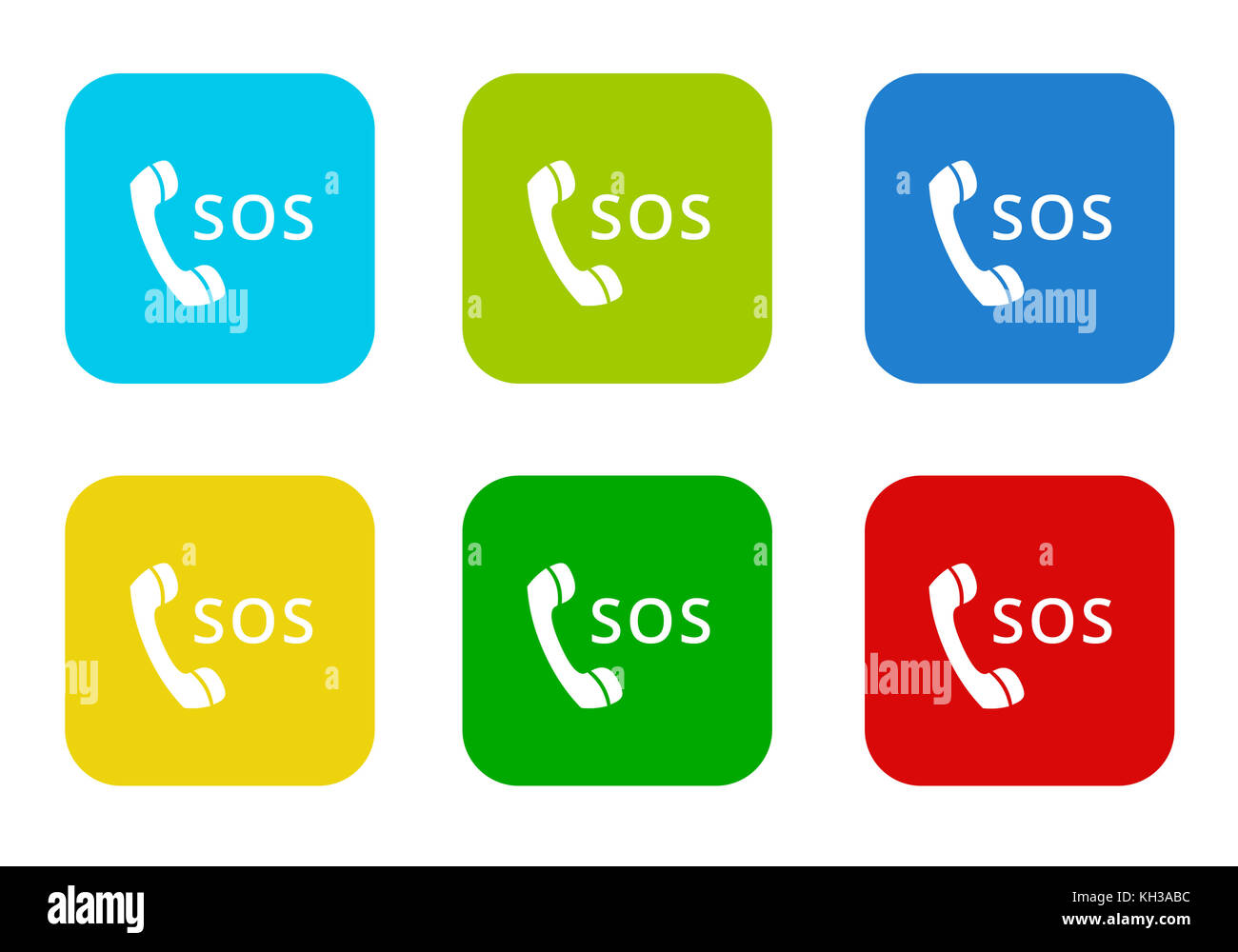 Set of rounded square colorful flat icons with SOS phone symbol in blue ...