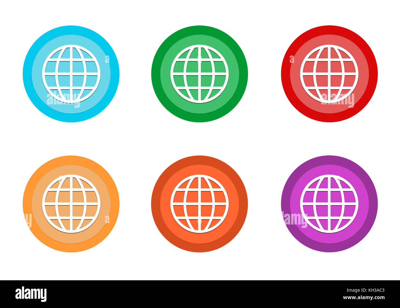 Set of rounded colorful buttons with world symbol in blue, green, red ...