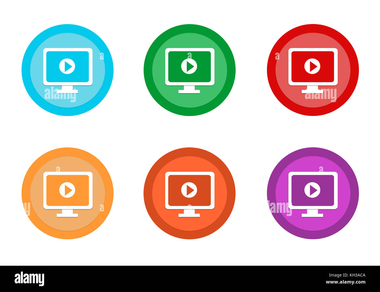 Set of rounded colorful buttons with screen symbol in blue, green, red ...