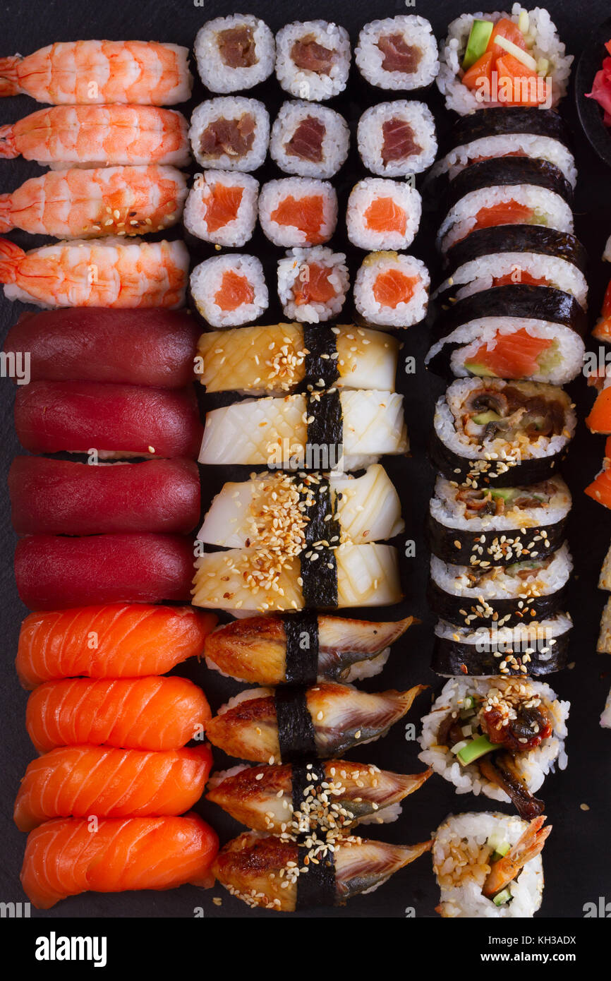 Japanese sushi big set pattern, top view scene Stock Photo - Alamy