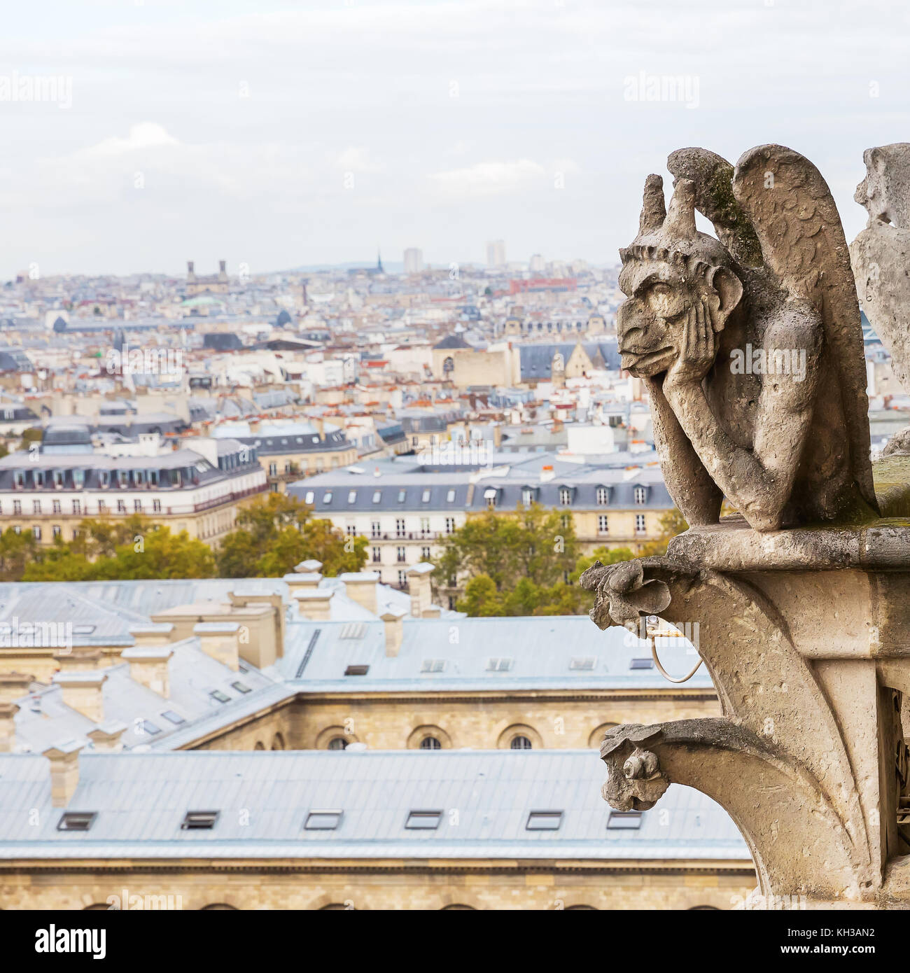picture of a gargoyle of the Notre Dame in Paris, France, with aerial ...