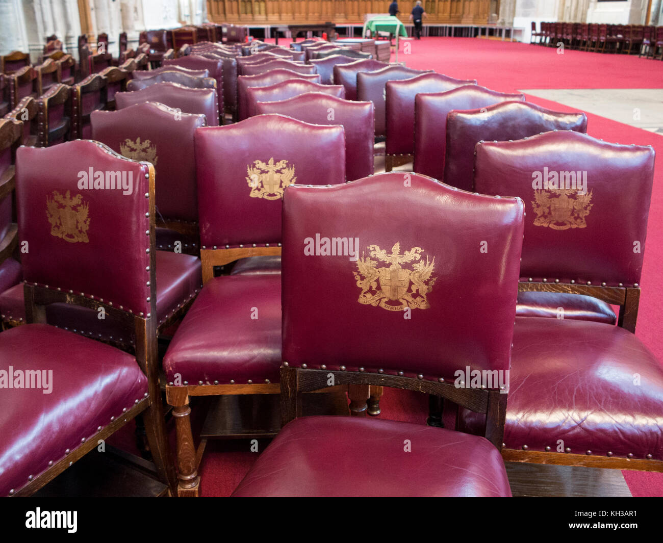 Chairs emblazoned with the City of London crest in the interior of The ...