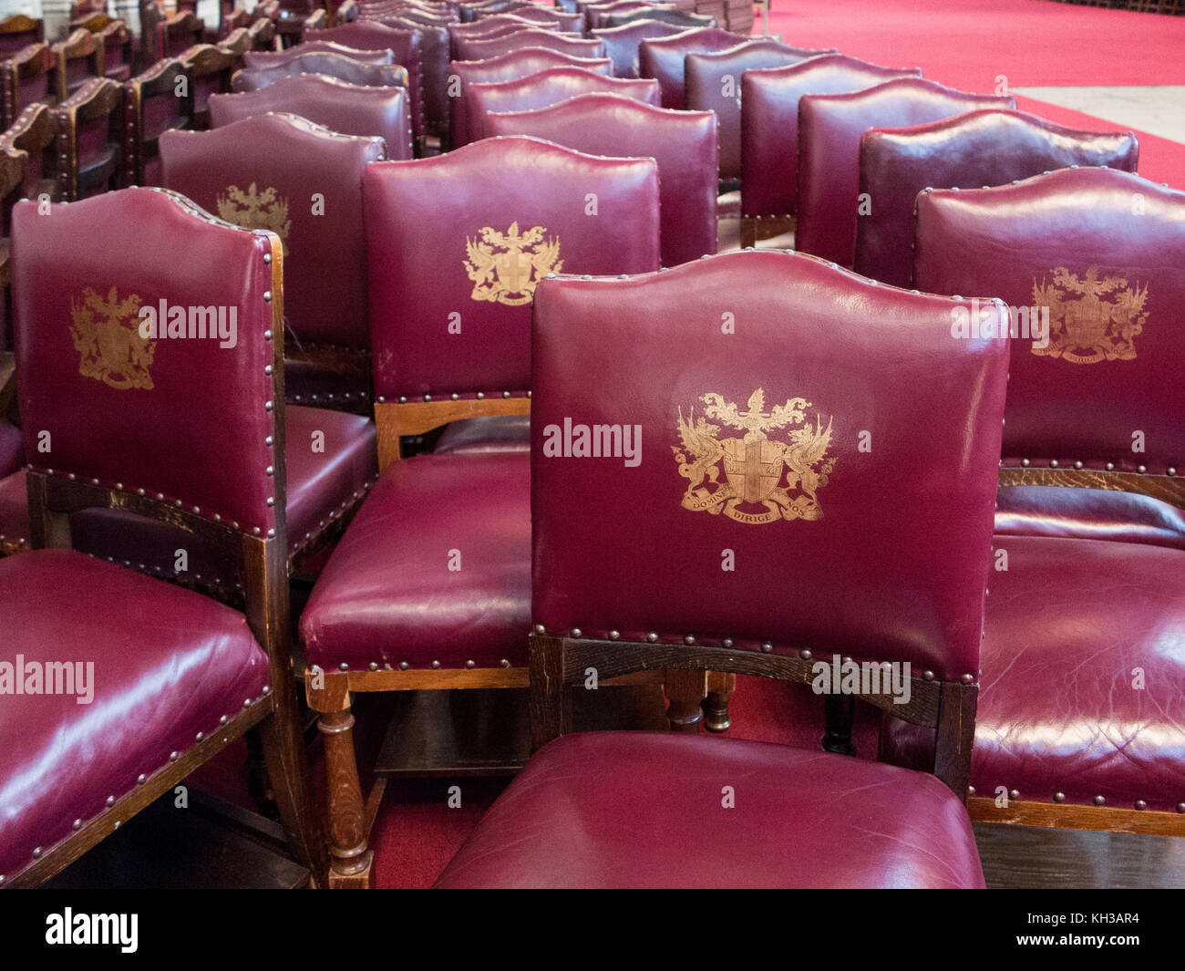 Chairs emblazoned with the City of London crest in the interior of The ...