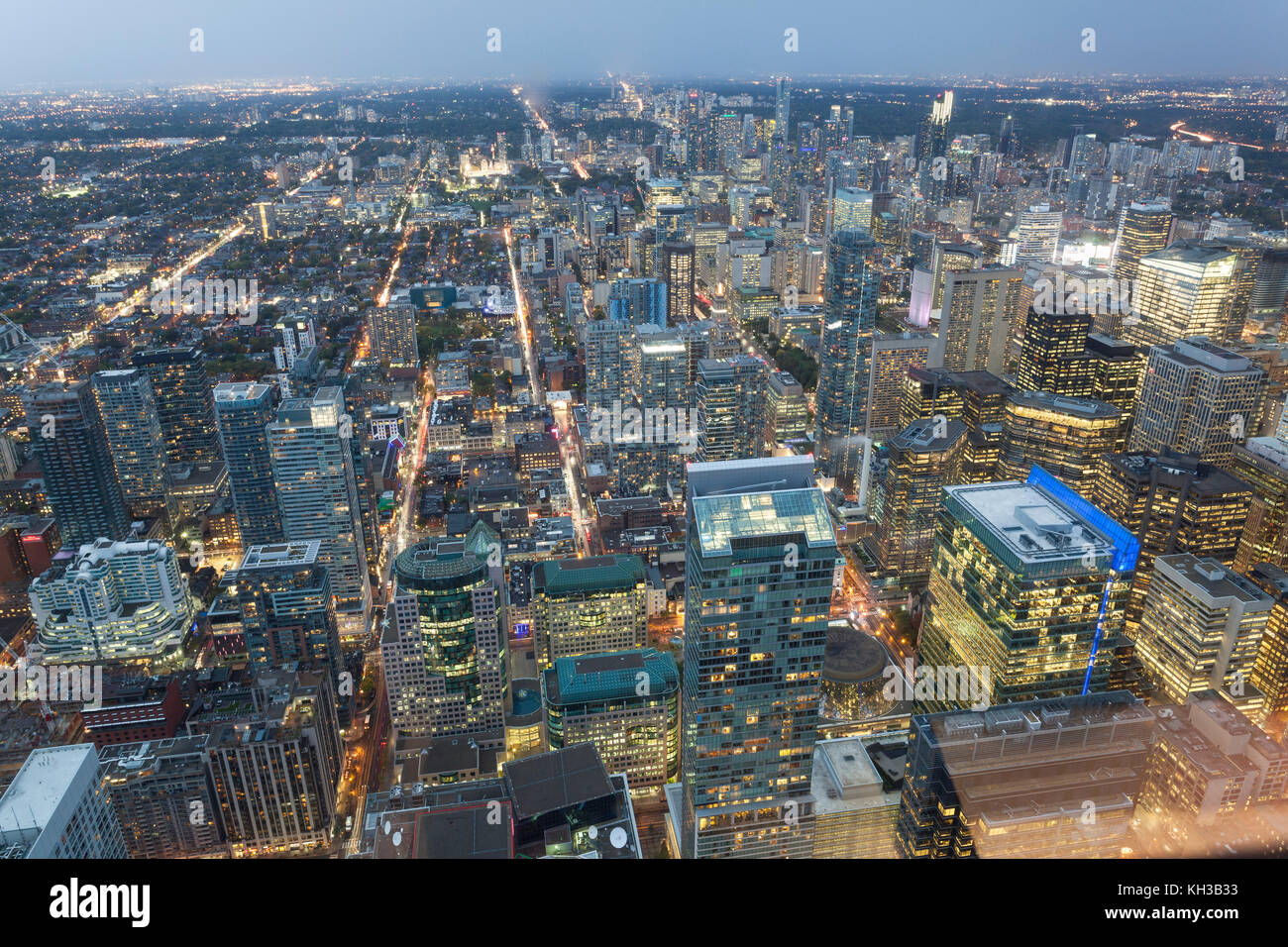 High angle view over the downtown of Toronto at night. Province of ...
