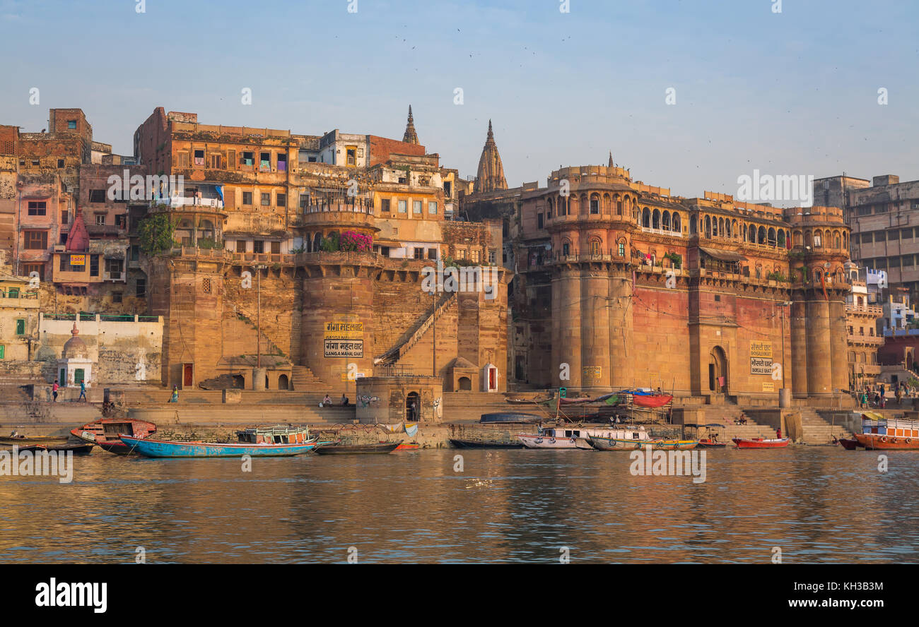 Varanasi city view with old architectural buildings and temples along ...