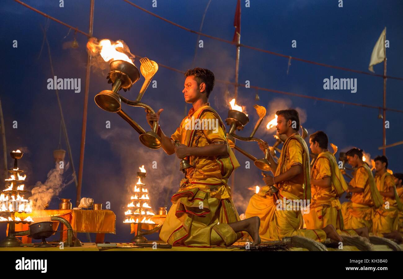 Varanasi Ganga aarti ceremony rituals performed before sunrise by young ...