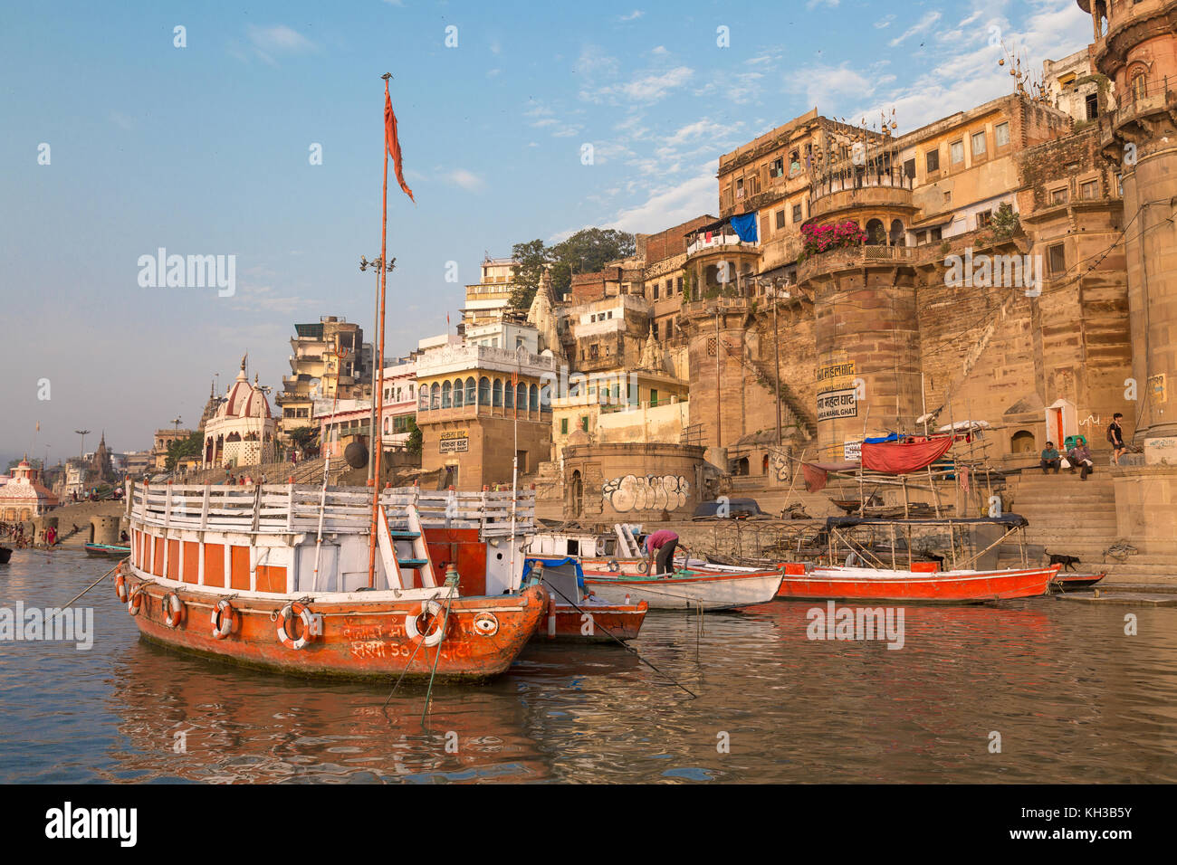 Varanasi city view with old architectural buildings and temples along ...