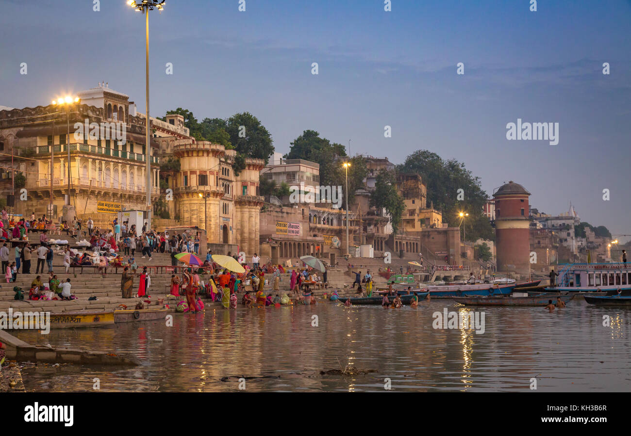 Varanasi city ghats at night with ancient temples and architectural ...