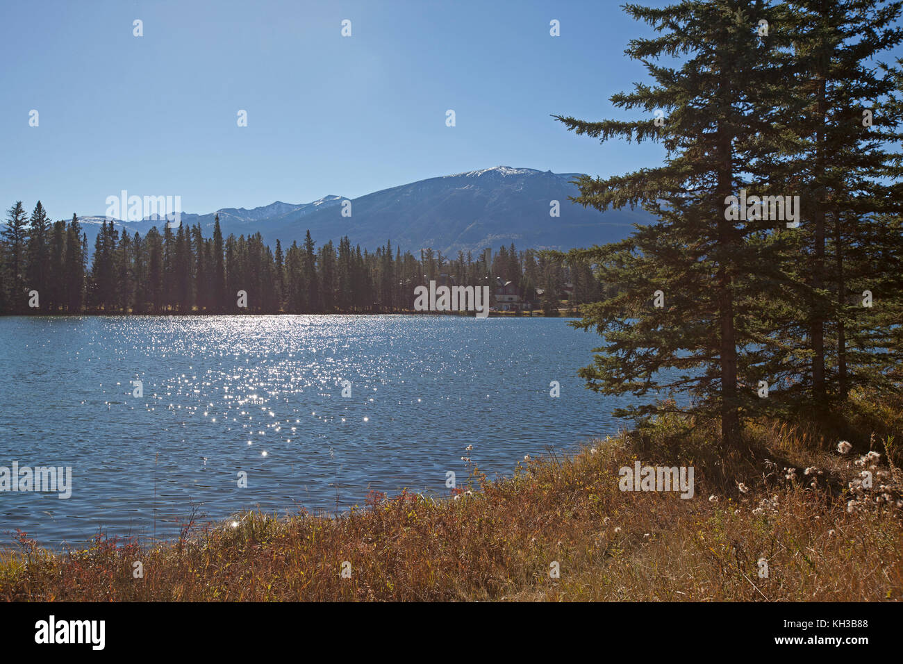 on October 5, 2017: the fairmont jasper park lodge across Mildred Lake ...
