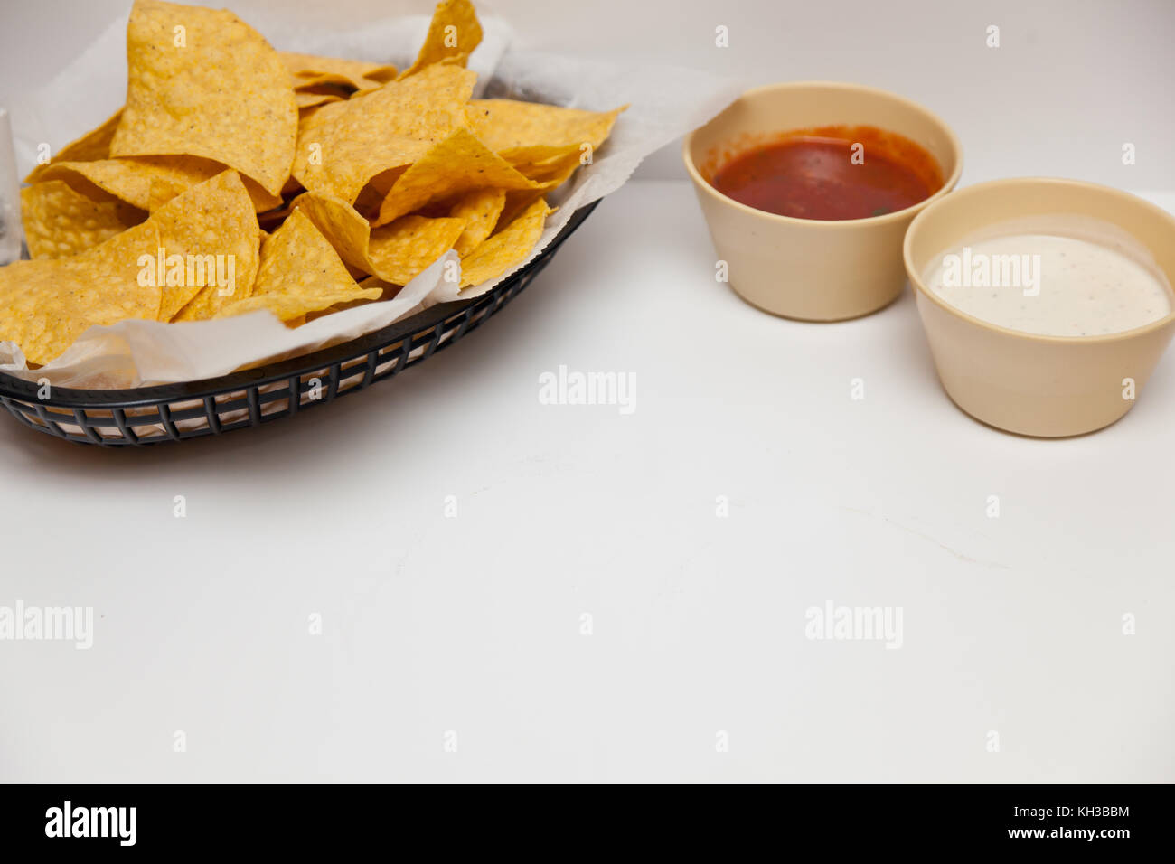 Tostada Chips and two kinds of dip Stock Photo - Alamy