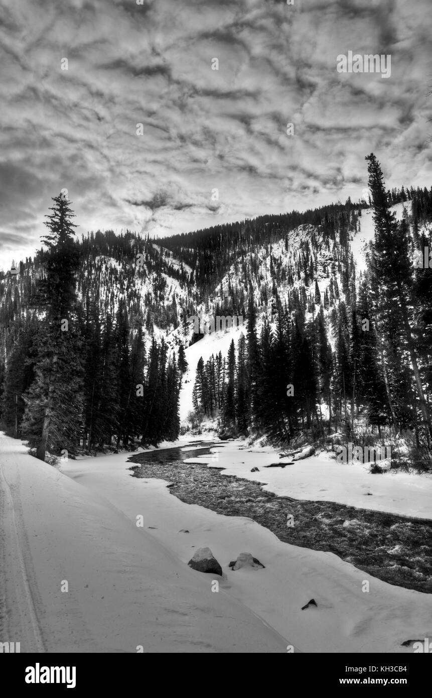Along the snowmobiling trail in Greys River, Wyoming, a tributary of ...