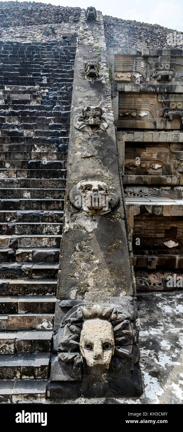 Headstones along an ornamental stairway of a pyramid in Teotihuacan ...
