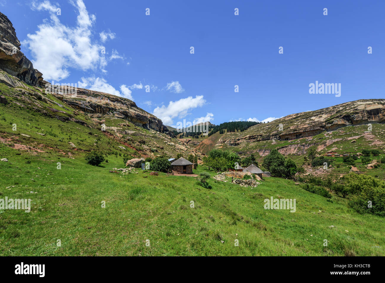 Native hut in the hilly landscape of the Butha-Buthe region of Lesotho ...
