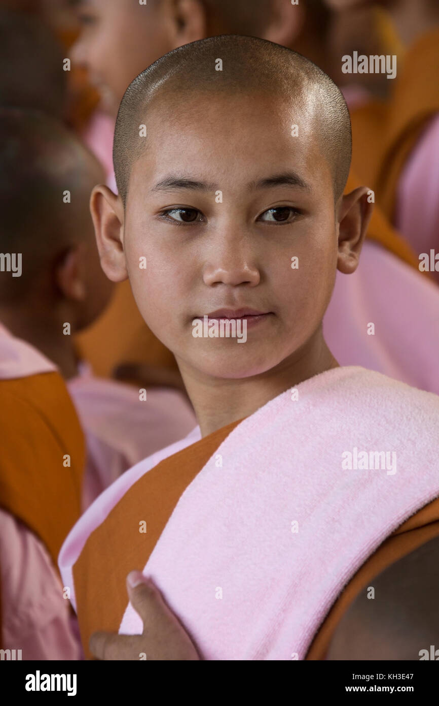 A young novice Burmese Buddhist nun. Bago in Myanmar (Burma Stock Photo ...