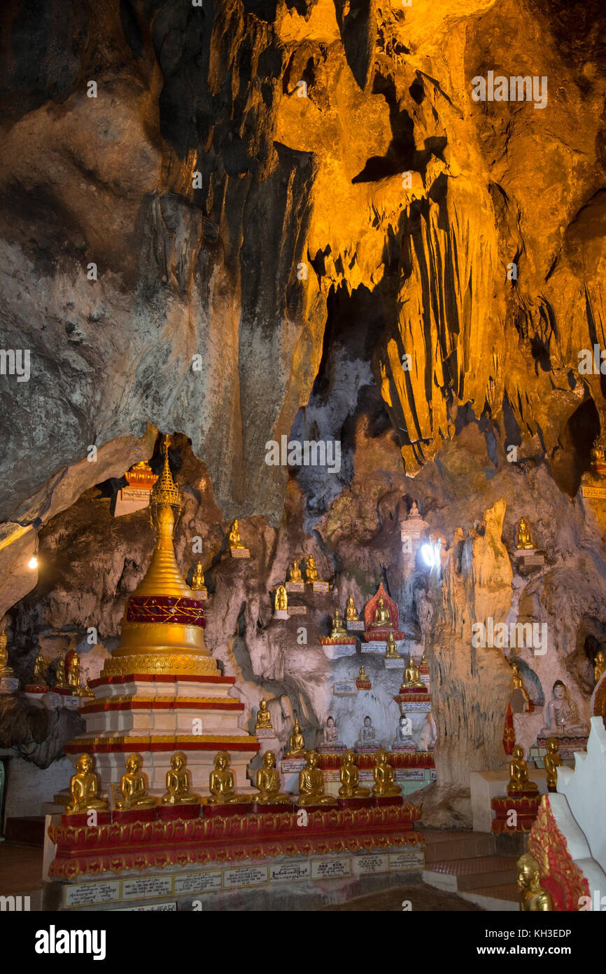 Buddha images in Pindaya Cave in Myanmar (Burma). The interior of the ...