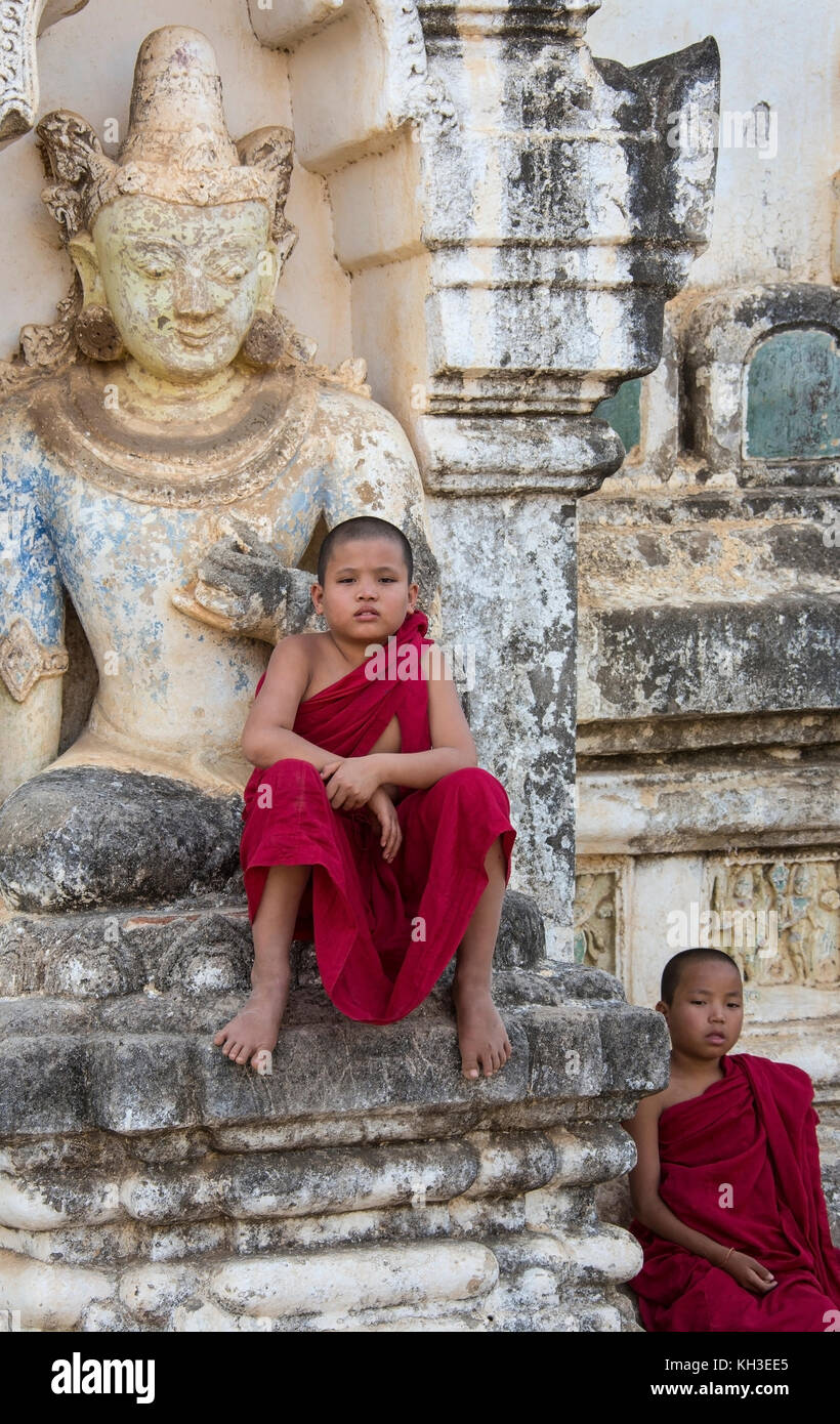 A young novice Buddhist monk at the Ananda Temple in Bagan in Myanmar ...
