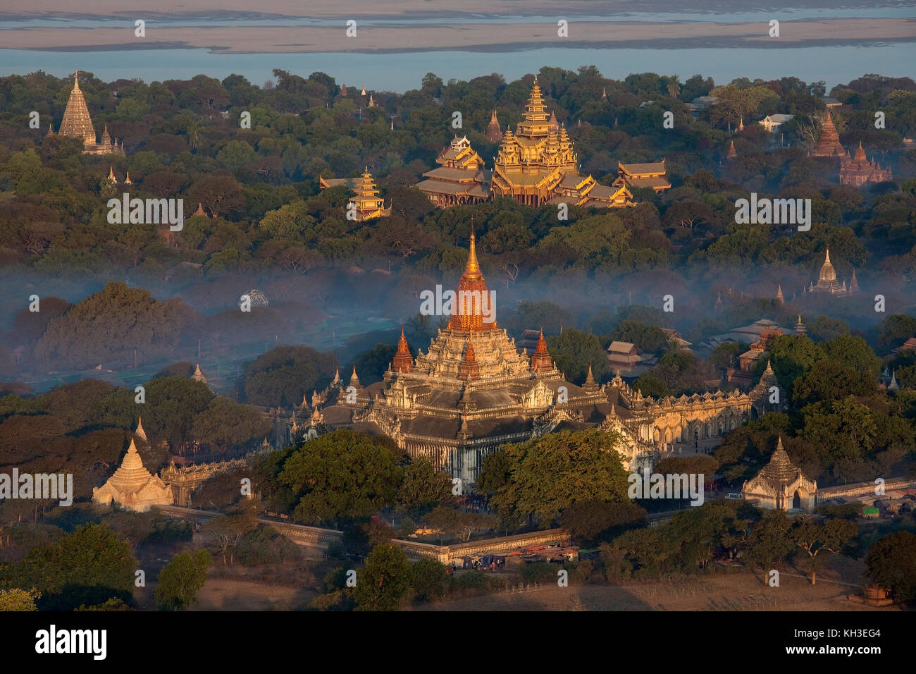 Aerial view of the early morning sunshine on the Ananda Buddhist Temple ...