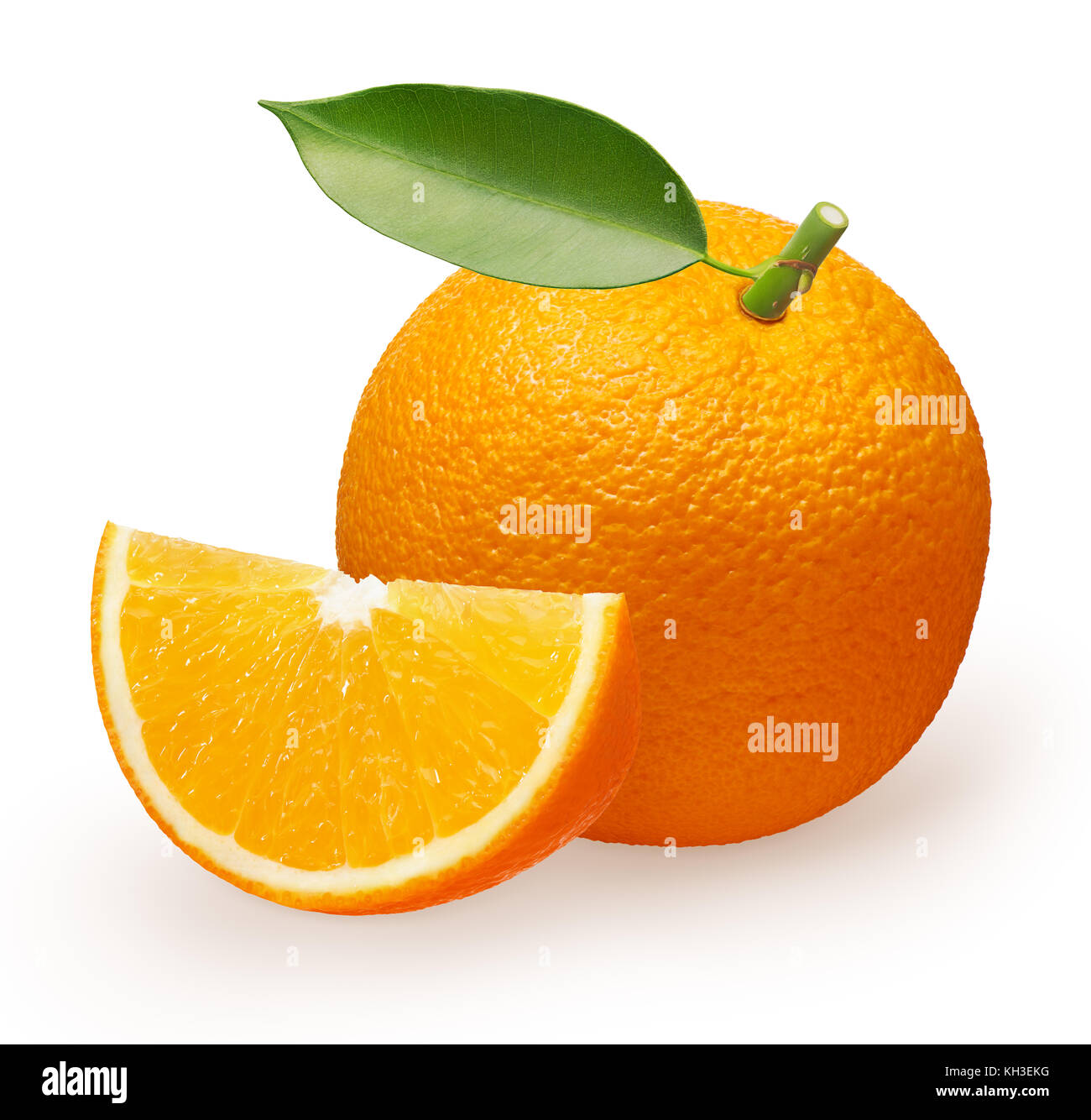Whole fresh orange fruit with green leaf and slice isolated on white ...