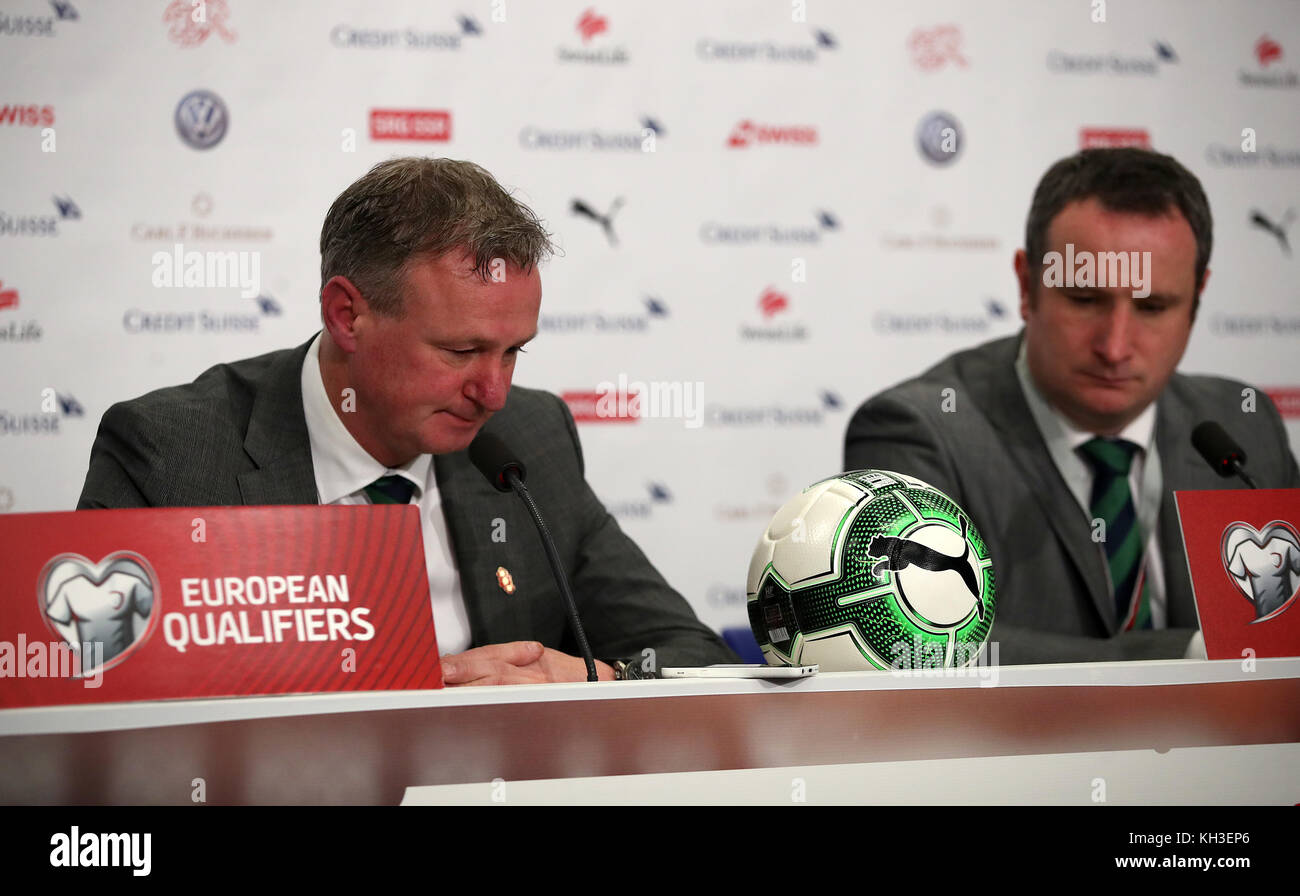 Northern Ireland manager Michael O'Neill talks to the media after the ...
