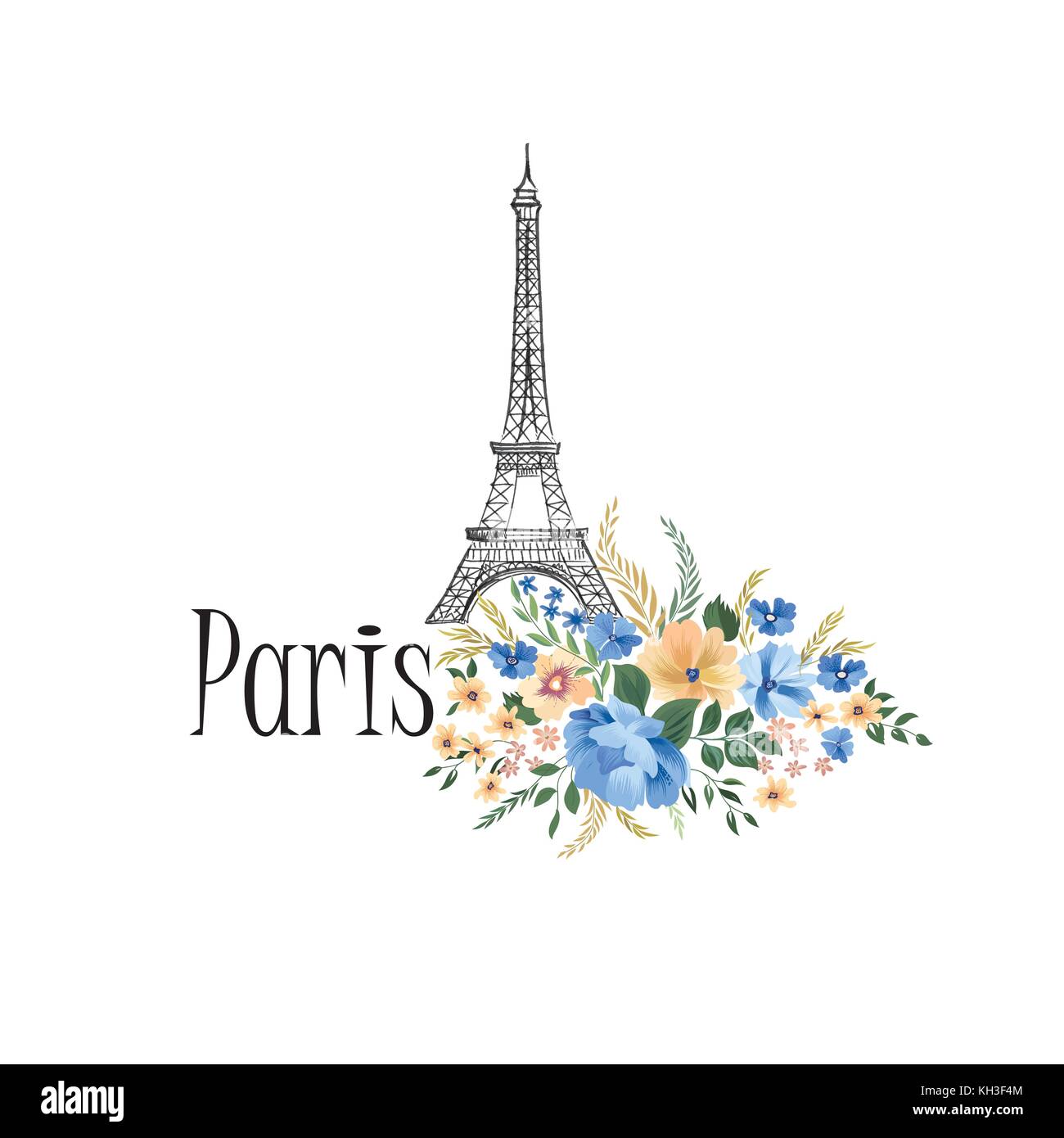 Paris background. Floral Parissign with flower bouquet and Eiffel tower ...